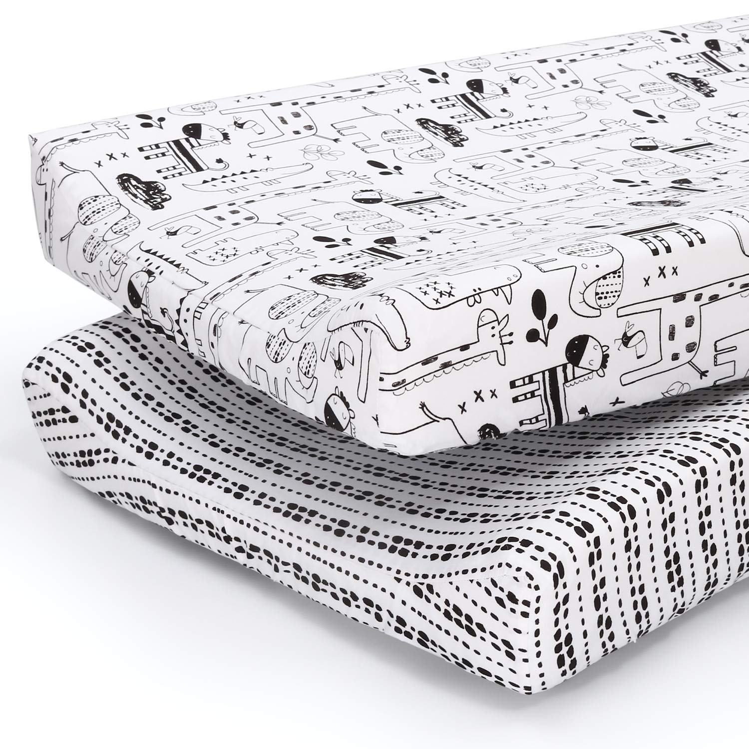 The Peanutshell Baby Changing Pad Covers for Boys or Girls | Black & White 2 Pack Set | Zoo Animals & Tribal Stripes