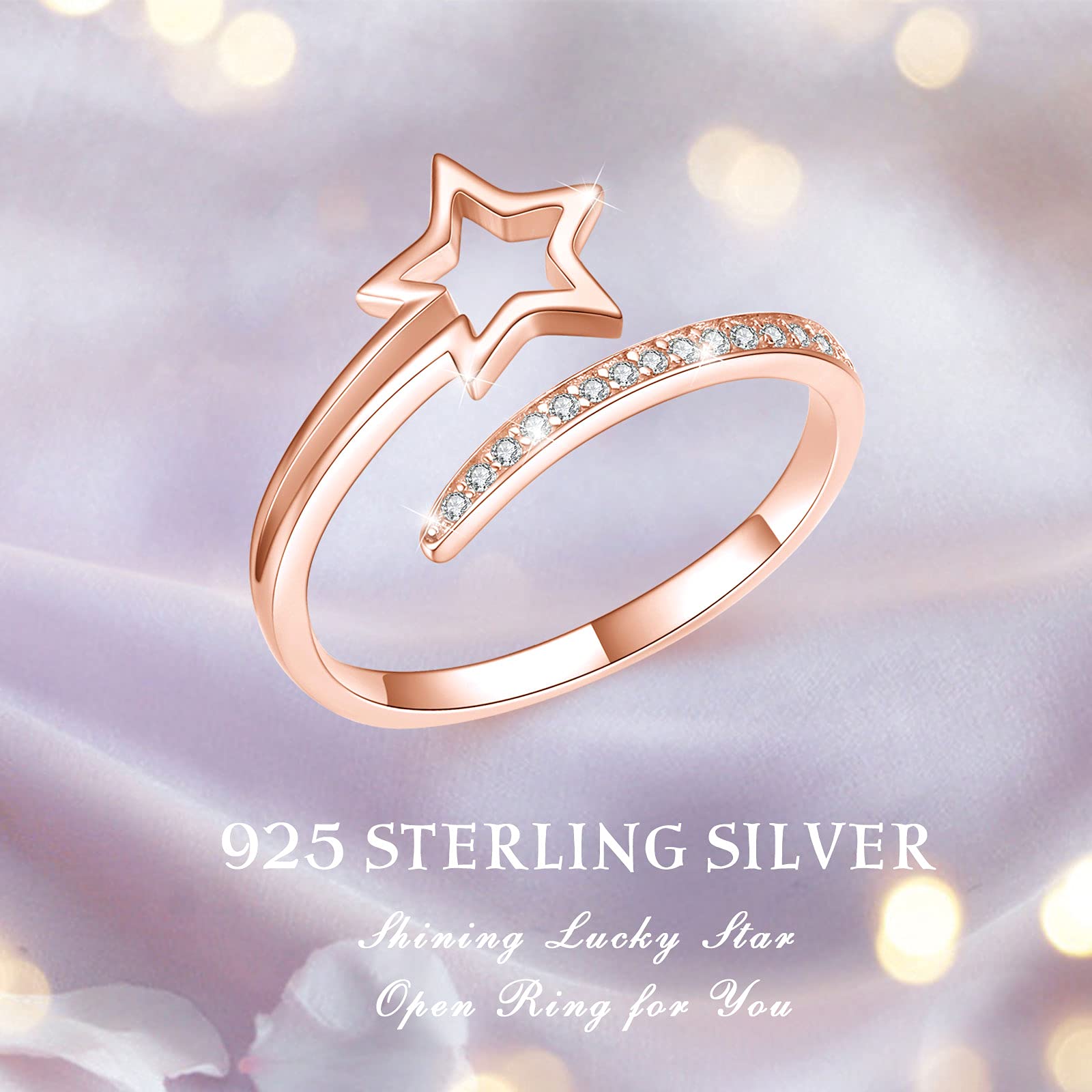 TRISHULA Star Ring S925 Sterling Silver Rose Gold Lucky Star Open Ring for Women