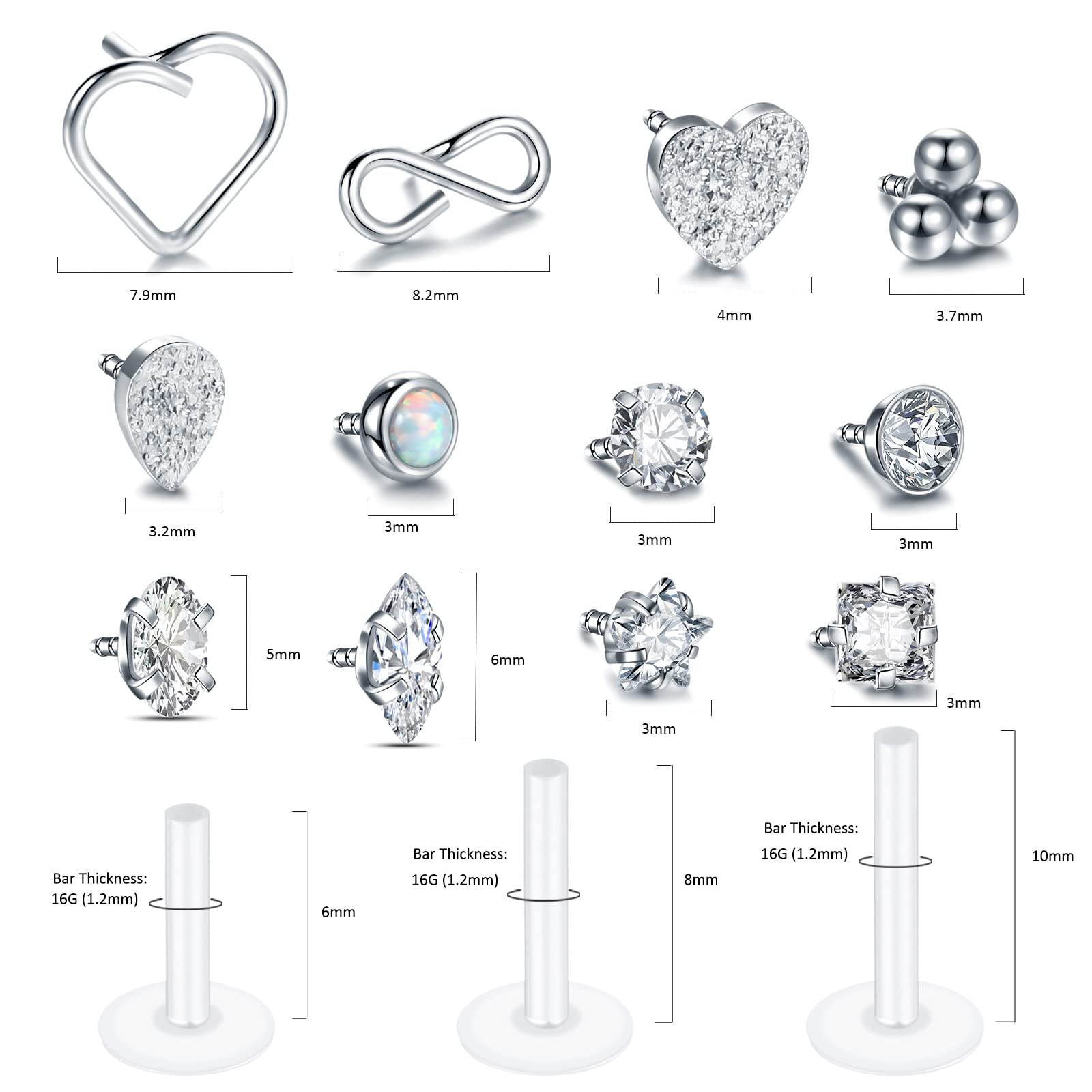 Xpircn 16G Labret Monroe Lip Rings Tragus Helix Cartilage Earrings Studs Ring Piercing Jewelry Plastic Retainer Clear CZ 6mm 8mm 10mm (Silver)