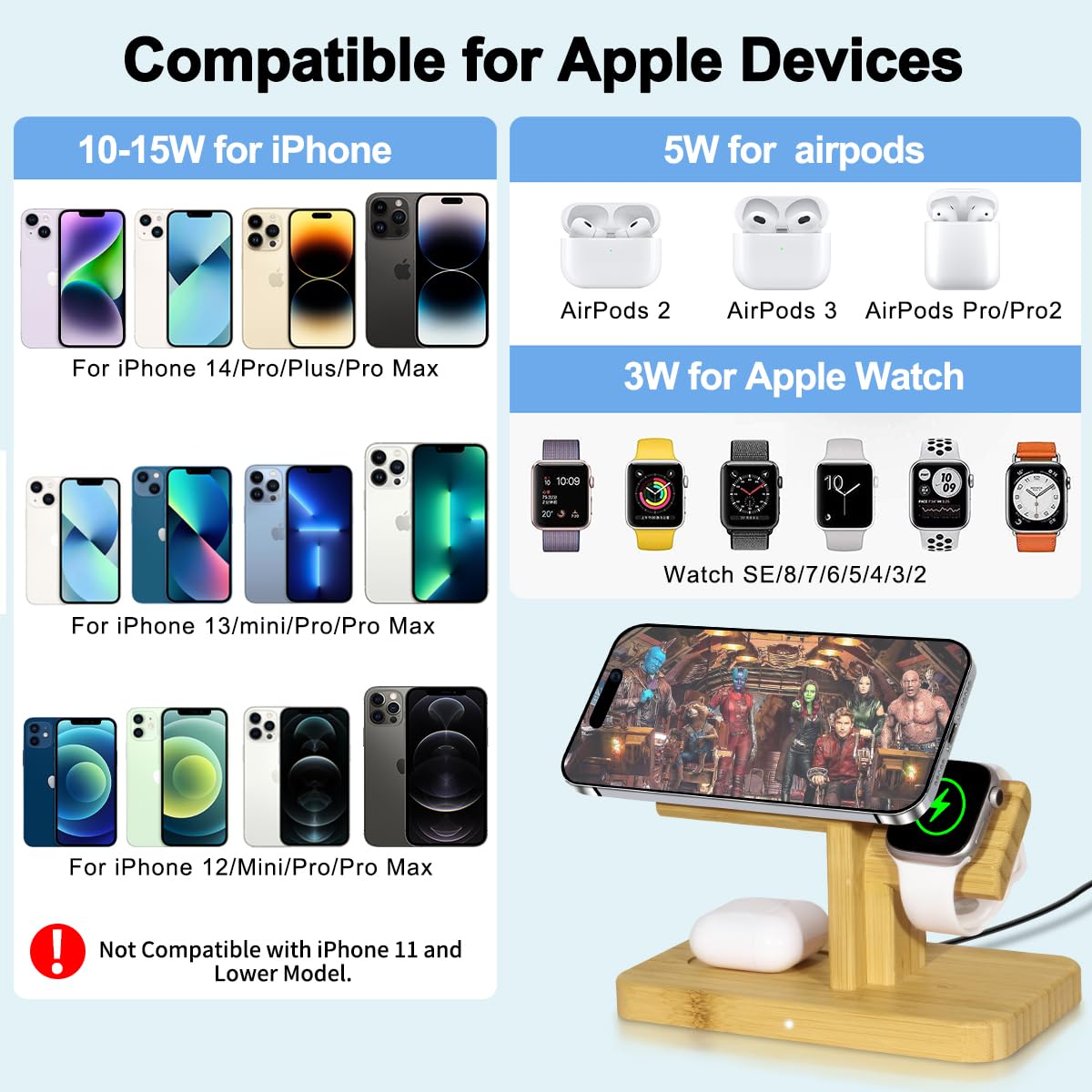 Wireless Charging Station for Apple, 20W Fast 3 in 1 Wireless Charger Stand, Bamboo Charging Station for iPhone 15/14/13/12 Pro/Max/Plus, for Apple Watch 8/7/6/SE/5/4/3/2, for Airpods 3/2/Pro