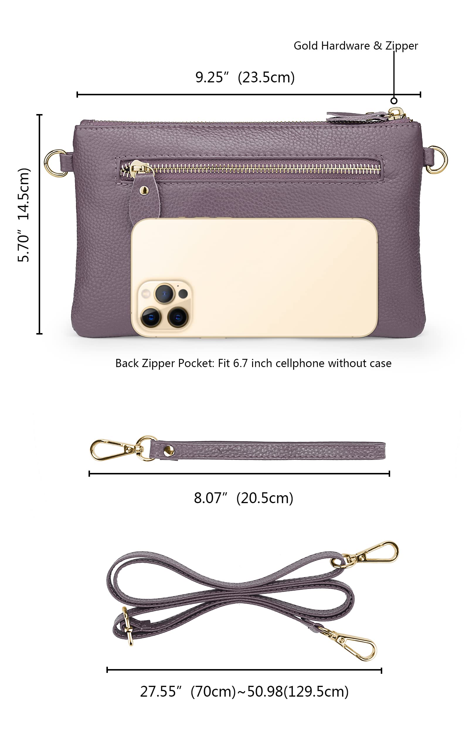 YALUXE Women Wristlet Clutch Genuine Full Grain Leather Crossbody Purse Smartphone Signature Wallet Strap