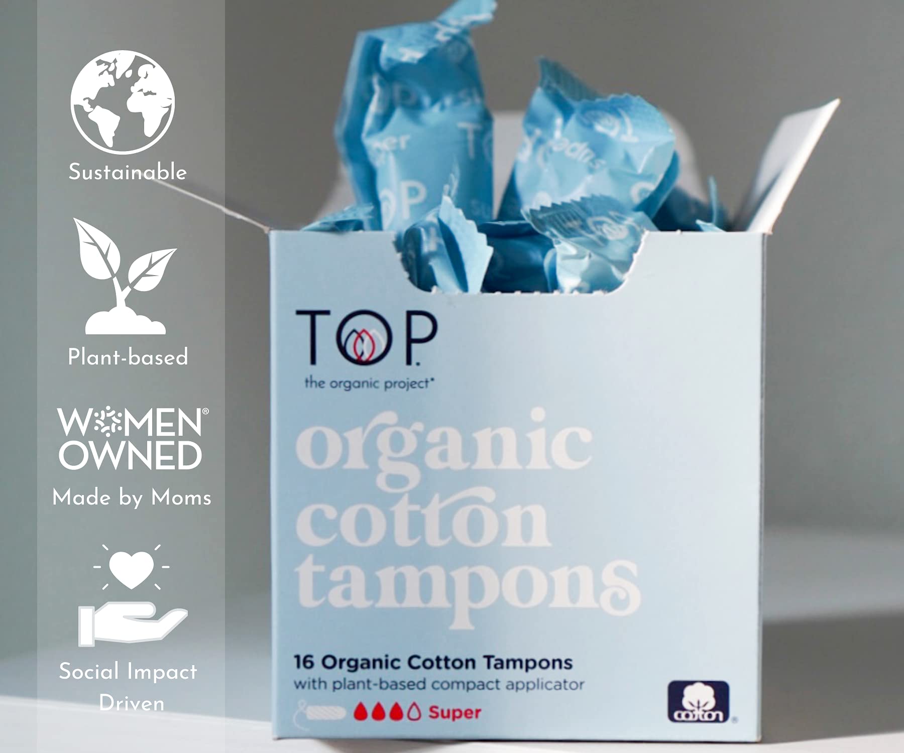 TOP the Organic Project: Cotton Tampons w/Plant Based Applicator (Comfort & Feel of Plastic) | (Unscented, Dye & Chemical Free. Safe, Thin & Superior Protection), Regular & Super (30)