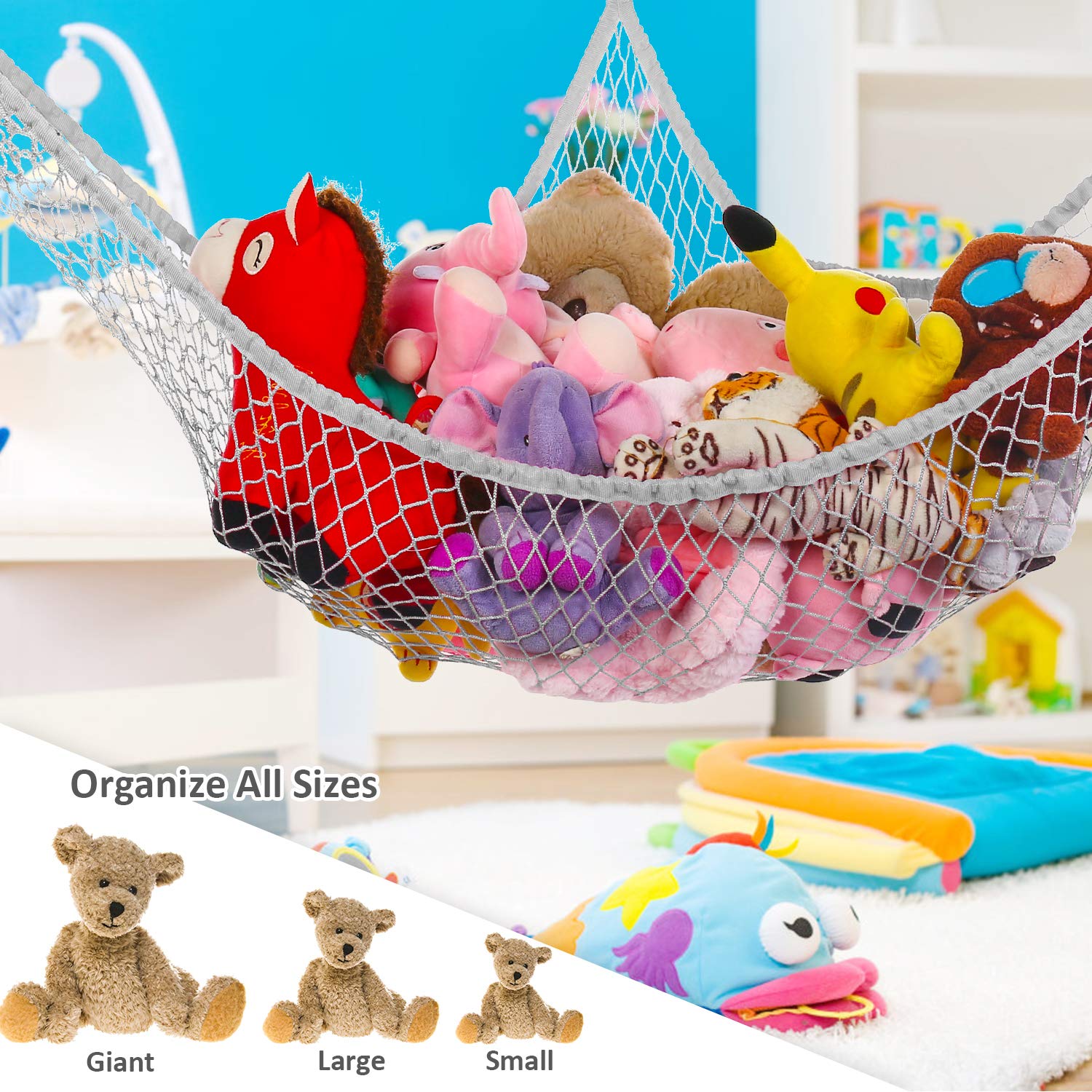 Stuffed Animal Hammock, LinXi Children's Toy Hammock Net Large Durable Mesh Toy Organizer Storage Hanging Wall Corner Nets for Stuffed Animals Grey