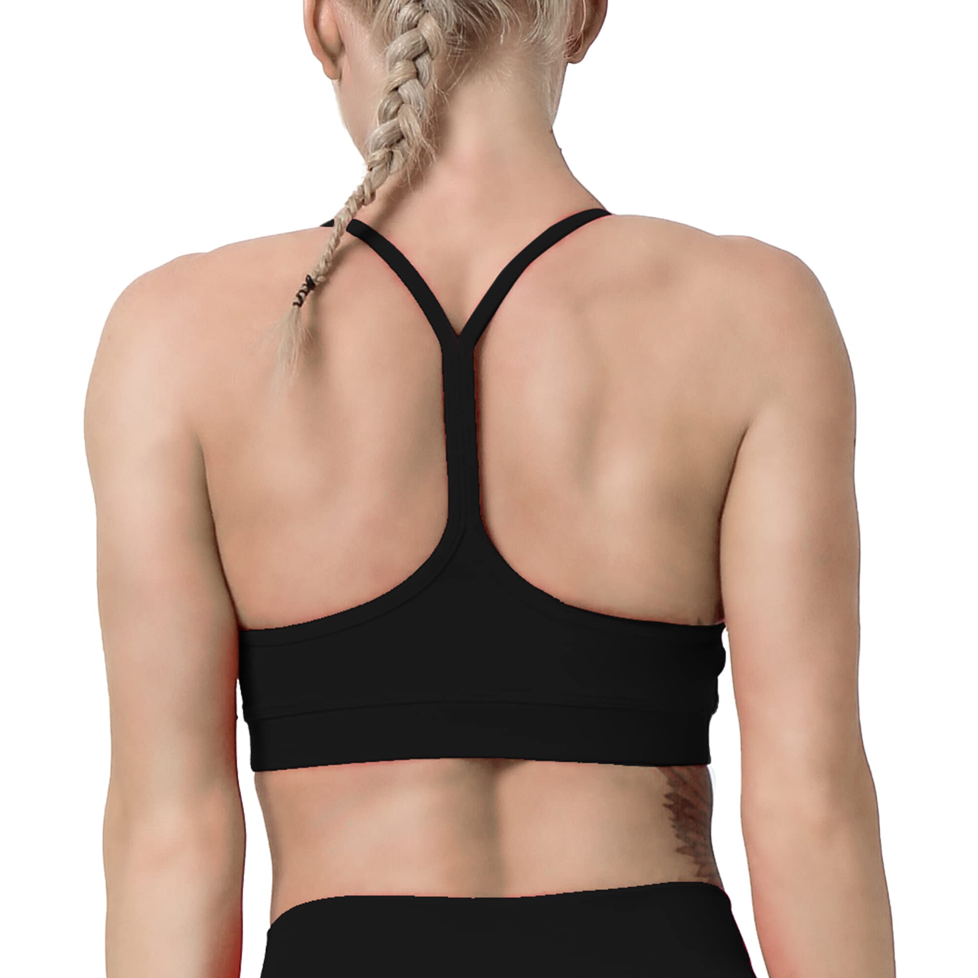 Zelack Y-Back Padded Premium Sports Bra with Chic Thin Straps Removable Cups, Low Support Yoga Bras,Black,L