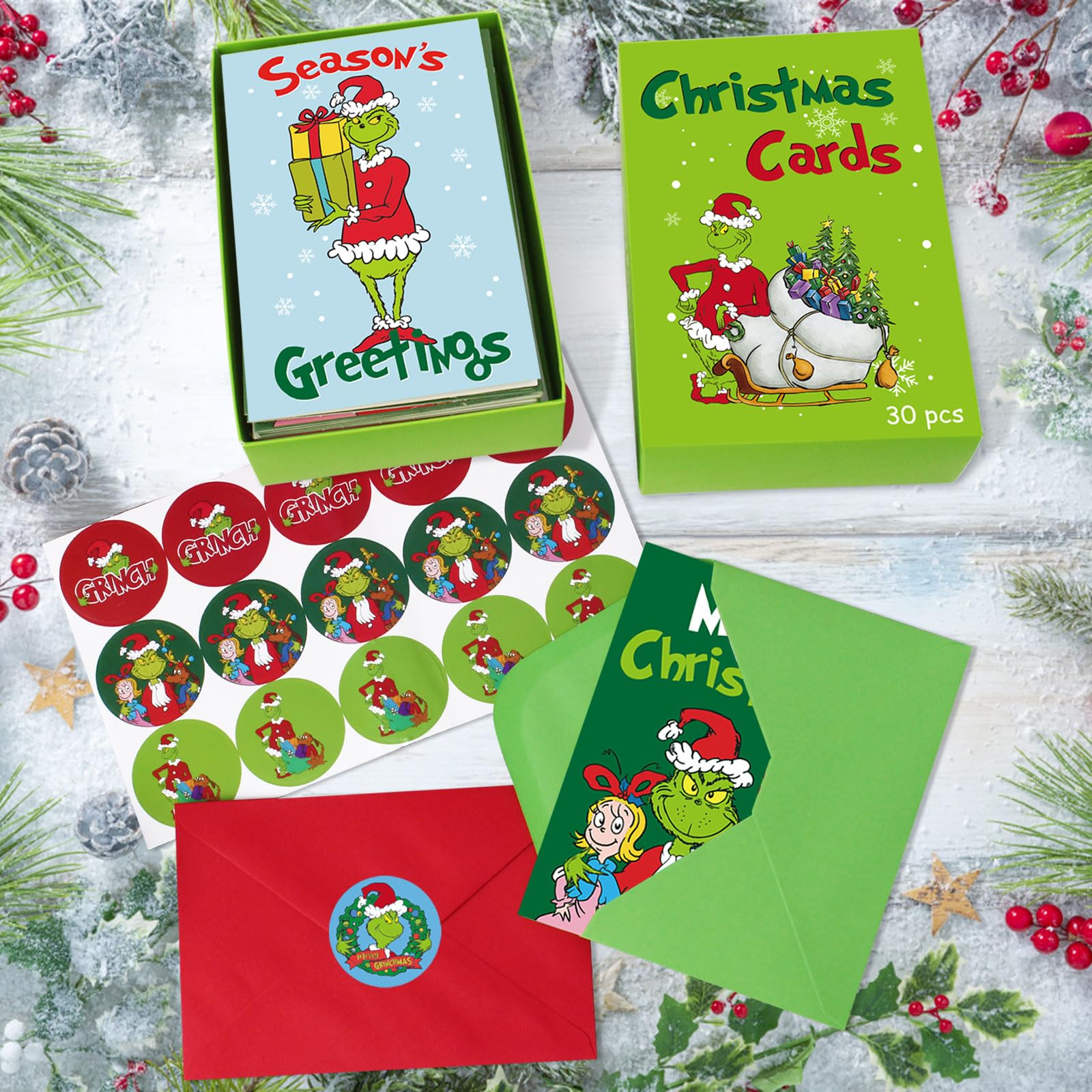 RINOLY Set of 30 Christmas Cards Bulk Boxed with Envelopes and Stickers,6 Assorted Designs Christmas Cards, Holiday Christmas Greeting Cards Bulk-4x6 inch
