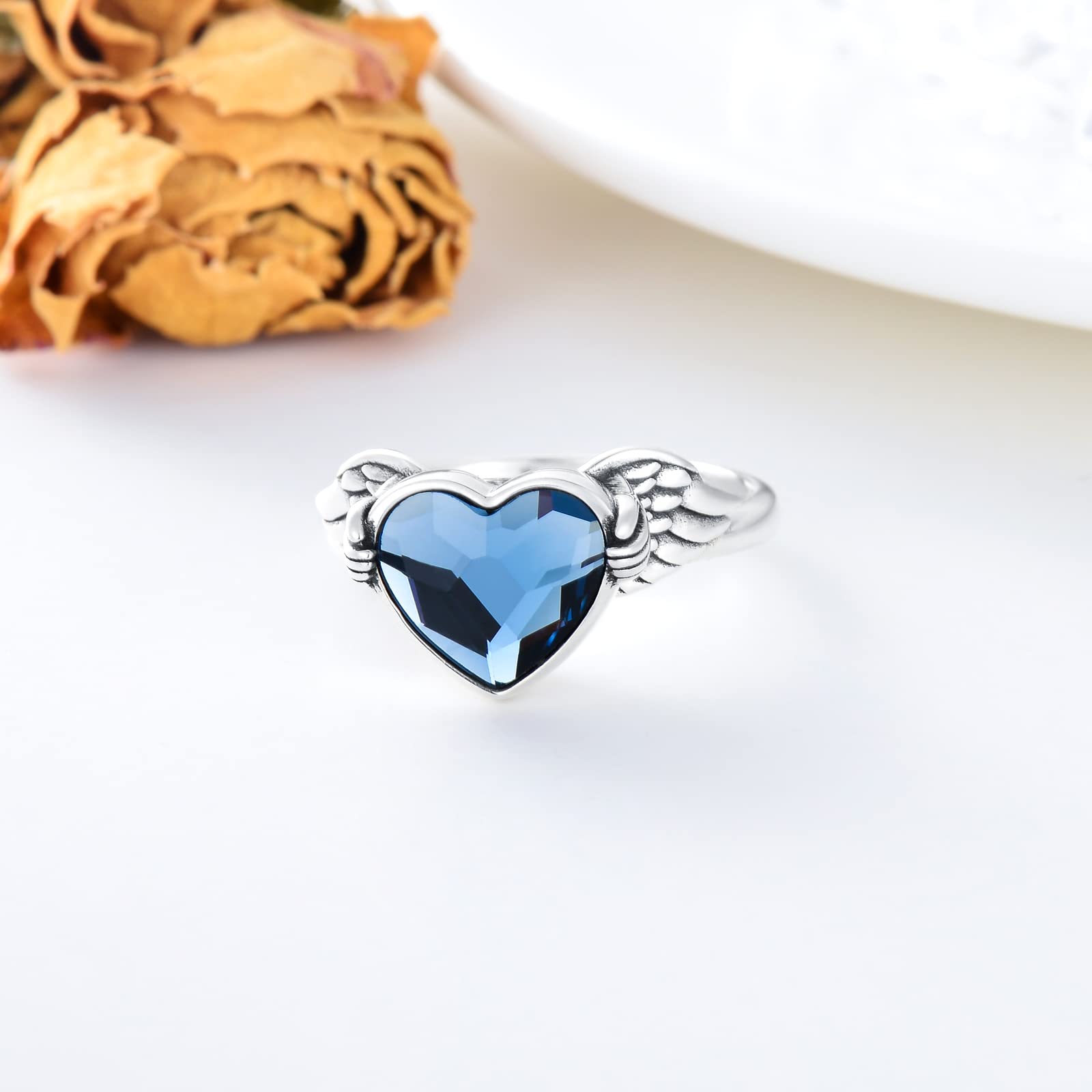 Urn Ring for Ashes Sterling Silver Hold You in My Heart Angel Wings with Heart Cremation Memorial Keepsake Jewelry with Blue Heart Crystal, US Size 7