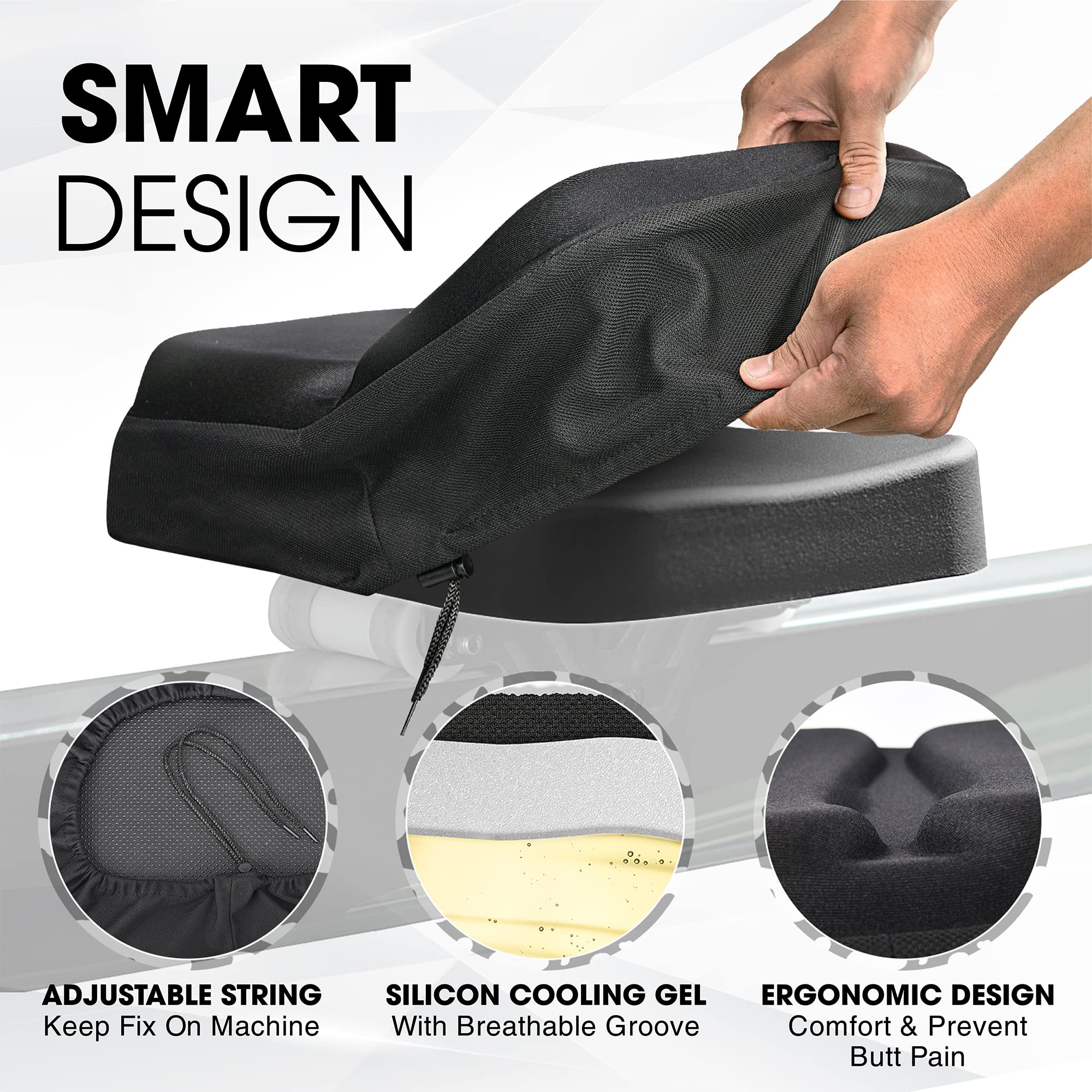 Yes4All Rowing Machine Seat Cushion Good with Non-Slip, Silicon Cooling Gel Seat Cover, Groove Design, Custom Fit Comfort, Black