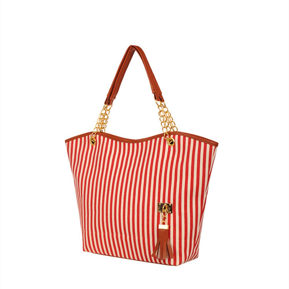 Womens Canvas Handbag Tassel Stripes Purse Tote Fashion Shoulder Bag Large Capacity, Red and White