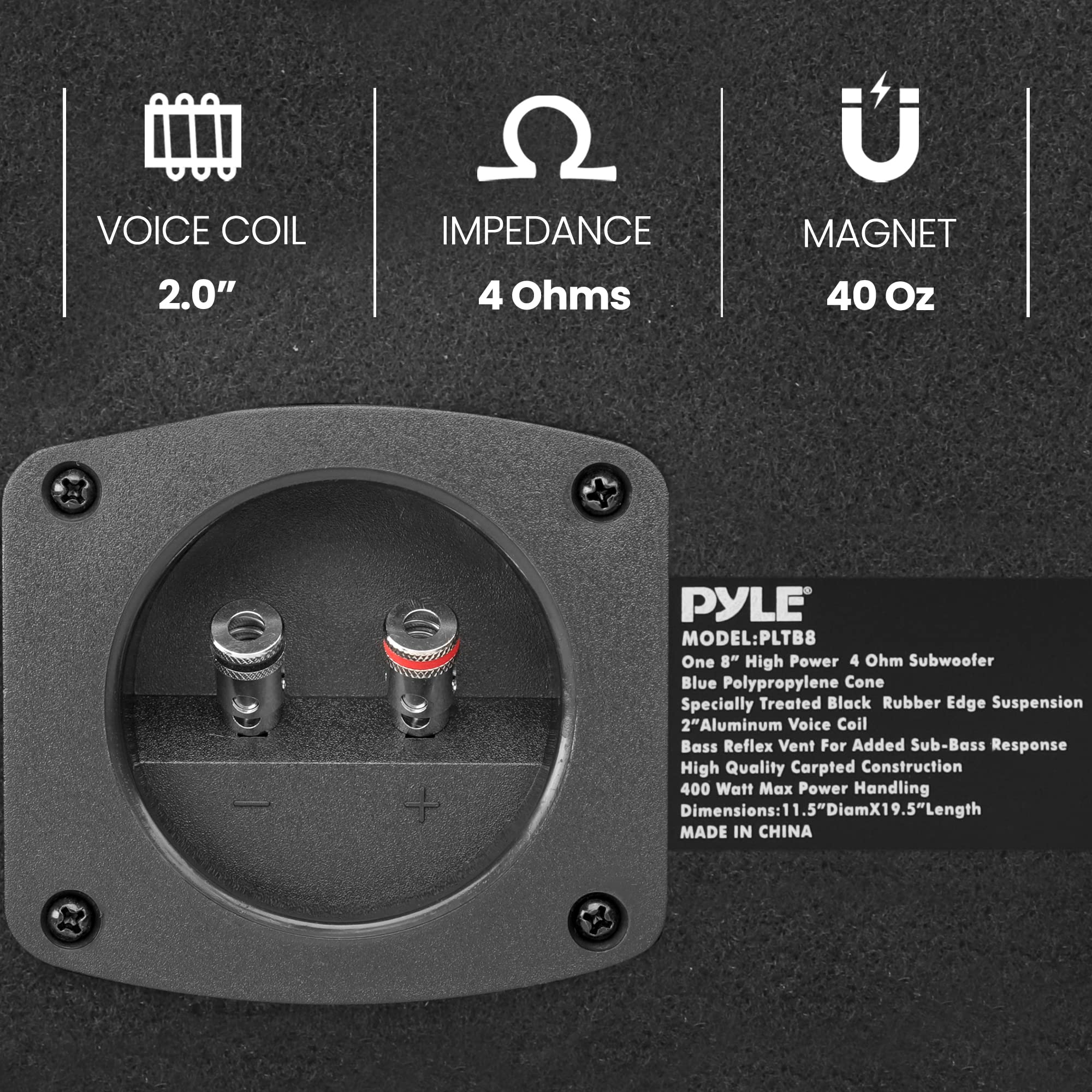 Pyle 8-Inch Carpeted Subwoofer Tube Speaker - 400 Watt High Powered Car Audio Sound Component Speaker Enclosure System w/ 2” Aluminum Voice Coil, 4 Ohm, 30Hz-700kHz Frequency - Pyle PLTB8,Black