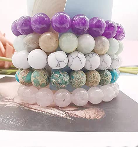 WAINIS 5 Pcs 10mm Semi-Precious Gemstones Beaded Bracelets for Men Women Crystal Stretch Beaded Bracelet Unisex