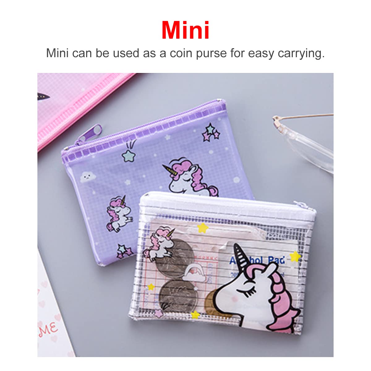 RUSUO PVC Bag, Mini Cute PVC Pen Pencil Bag Cartoon File Folder Cosmetic Mesh Pouch Organizer with Zipper for s s
