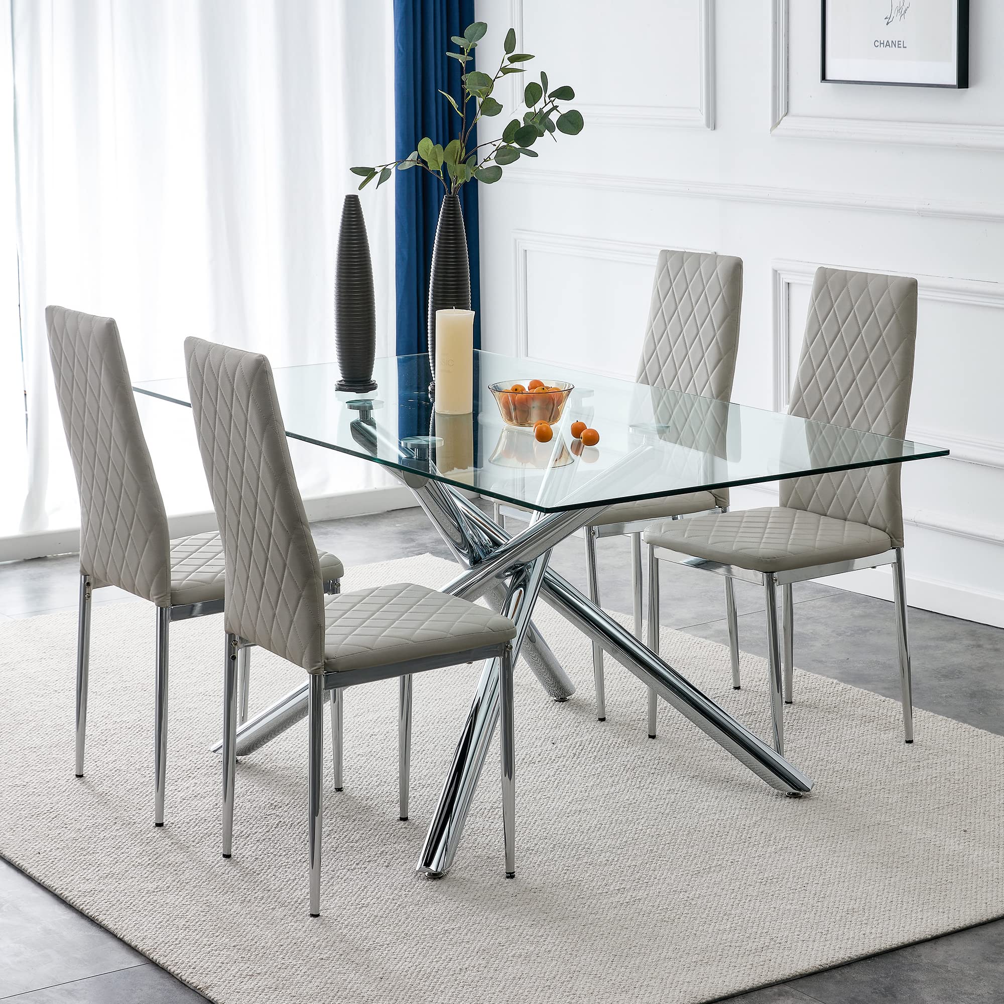 Rophefx Dining Chairs Set of 4, Modern Kitchen Chairs Upholstered Dining Room Chairs PU Leather Metal Legs High Back Side Chairs for Living Room, Kitchen, Light Grey