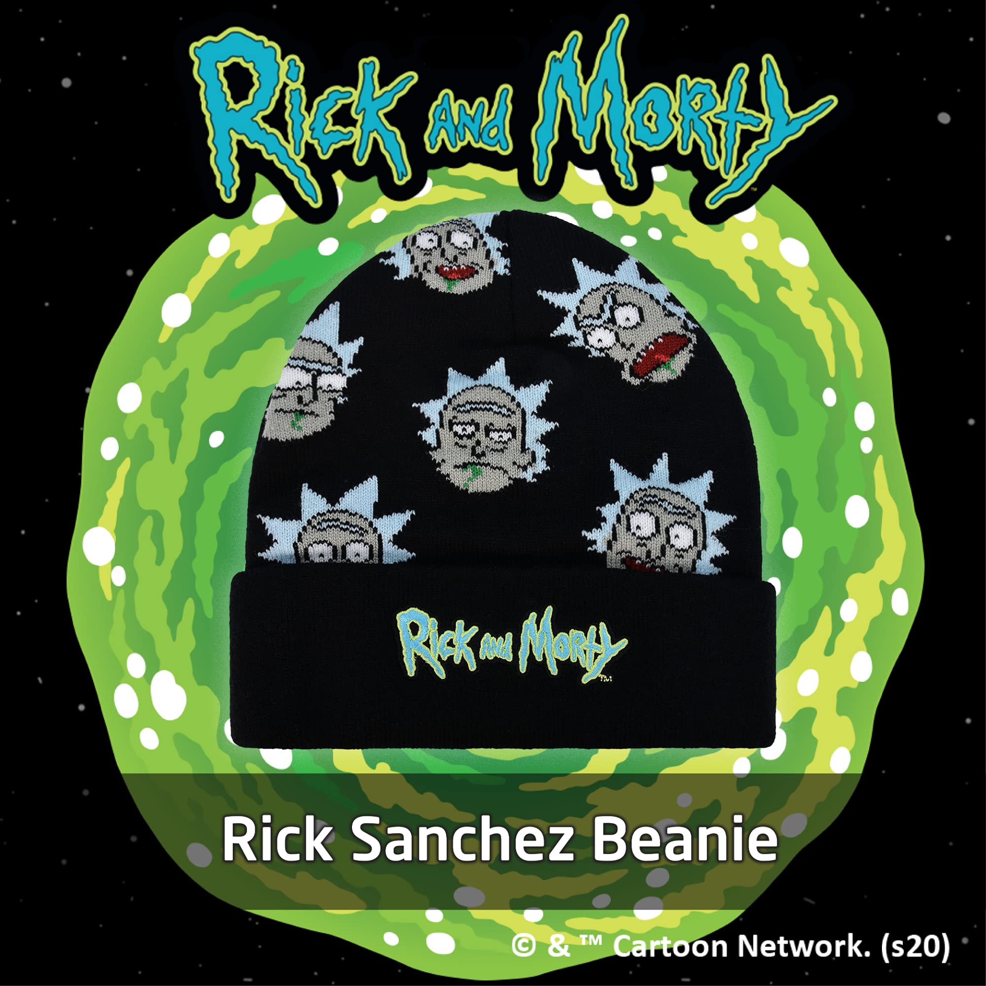 Rick and Morty Logo Rick Sanchez Head Knitted Cuff Beanie Hat, Black, One Size