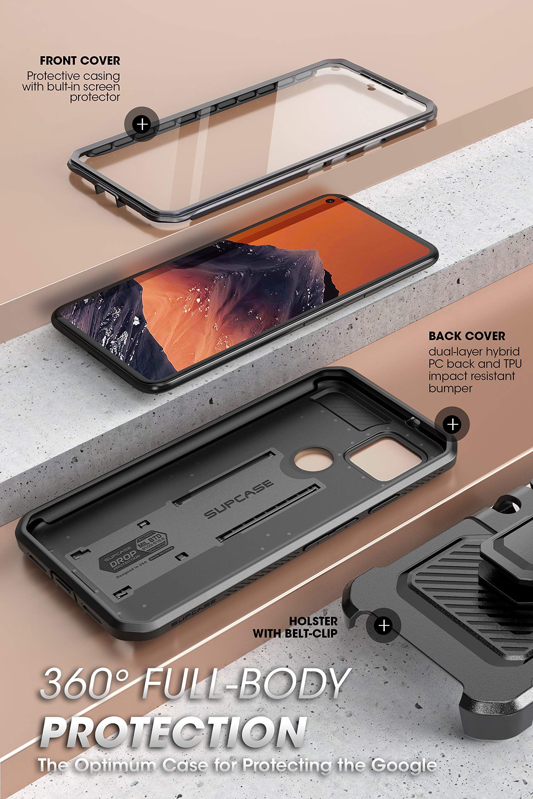SupCase Unicorn Beetle Pro Series Case for Google Pixel 5 (2020 Release), Full-Body Rugged Holster Case with Built-in Screen Protector (Black)