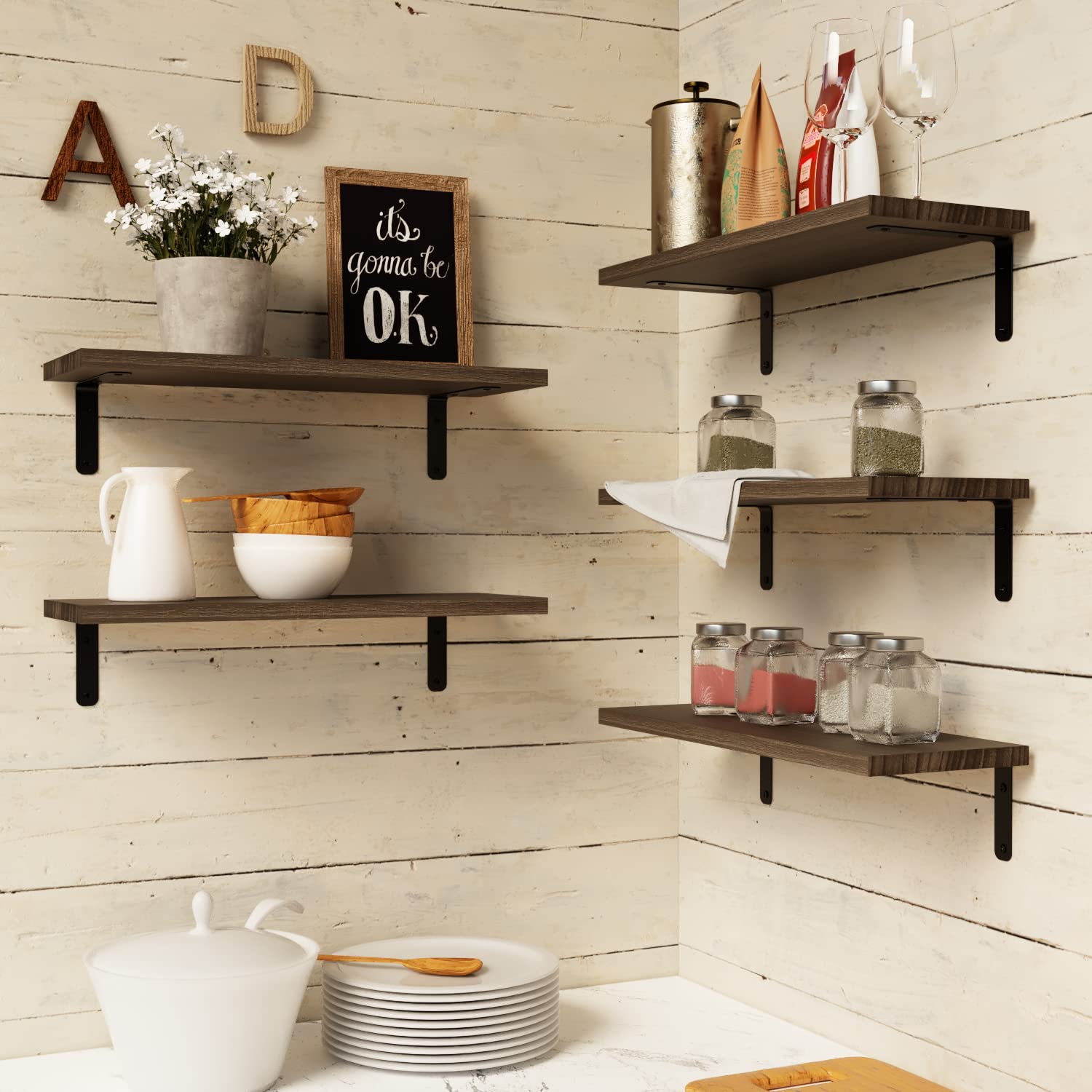 RICHER HOUSE Floating Shelves for Wall Décor, Rustic Wood Wall Shelves for Bedroom Set of 5, Farmhouse Shelf for Bathroom, Hanging Shelves for Storage, Wall Mounted - Deep Brown