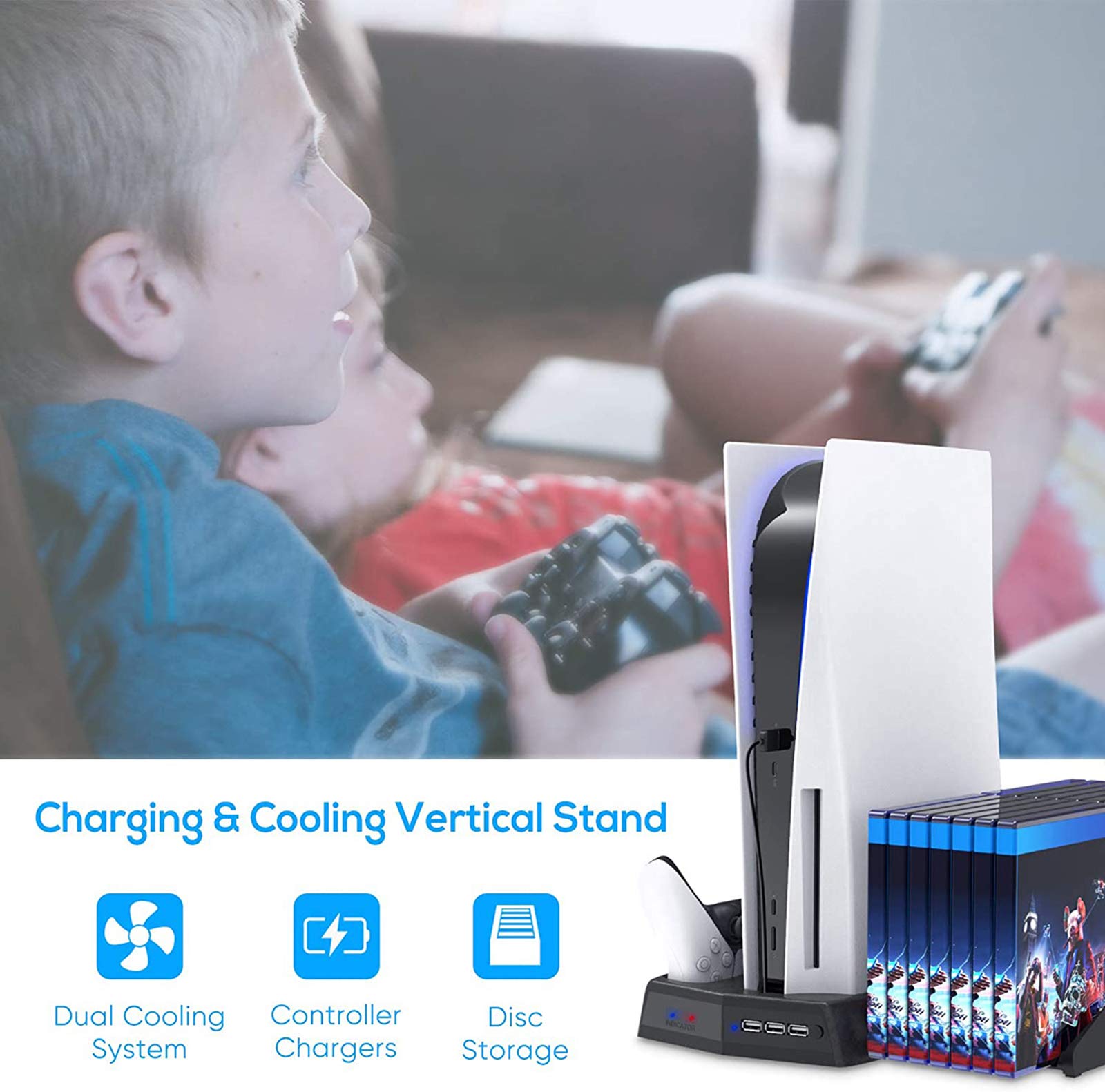 Vertical Stand for PS5 - With Cooling Fan Digital Edition/Ultra HD Playstation 5 Stand Controller Charge Station with Dual Controllers EXT Port Charger Dock and 3 USB HUB, 14 Game Slots