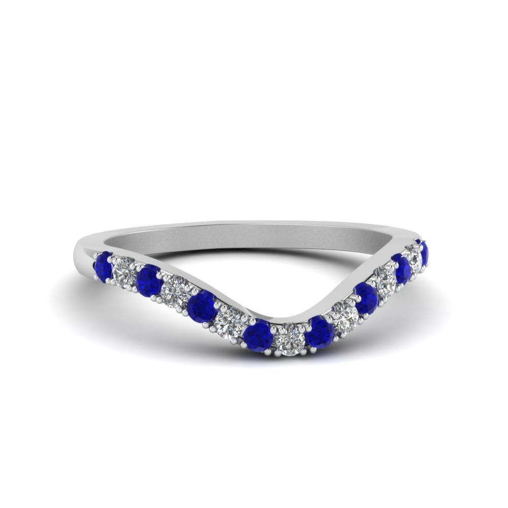 tusakha Blue Sapphire & White CZ 18k White Gold Over .925 Sterling Silver Curved Engagement Wedding Band Ring For Womens