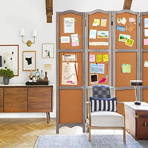 RHF 5.10 Ft Tall Wood Room Divider Folding Screens Panel, Divider & Room Dividers, Note Board Panels Folding Privacy Screens for Bedroom, Living Room, Office, Restaurant (4 Panel, Gray)