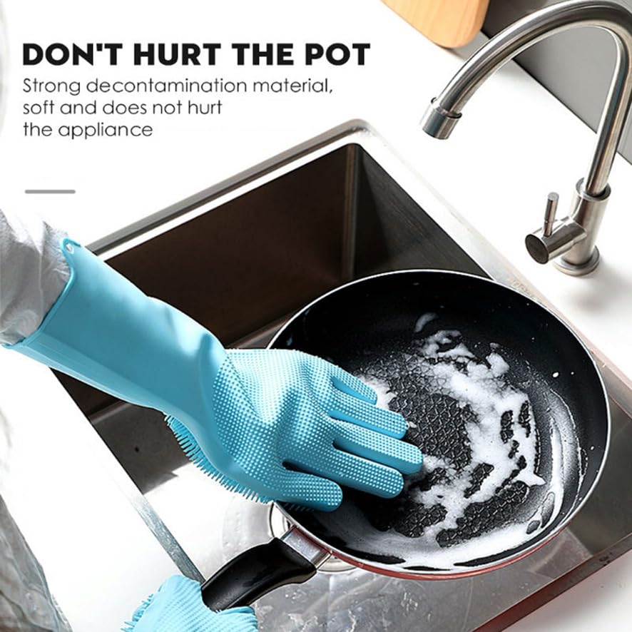 Silicone Glove Silicone Dishwashing Gloves Rubber Gloves Sponge Cleaning Brush for Dish Housework Kitchen Cars (blue)…