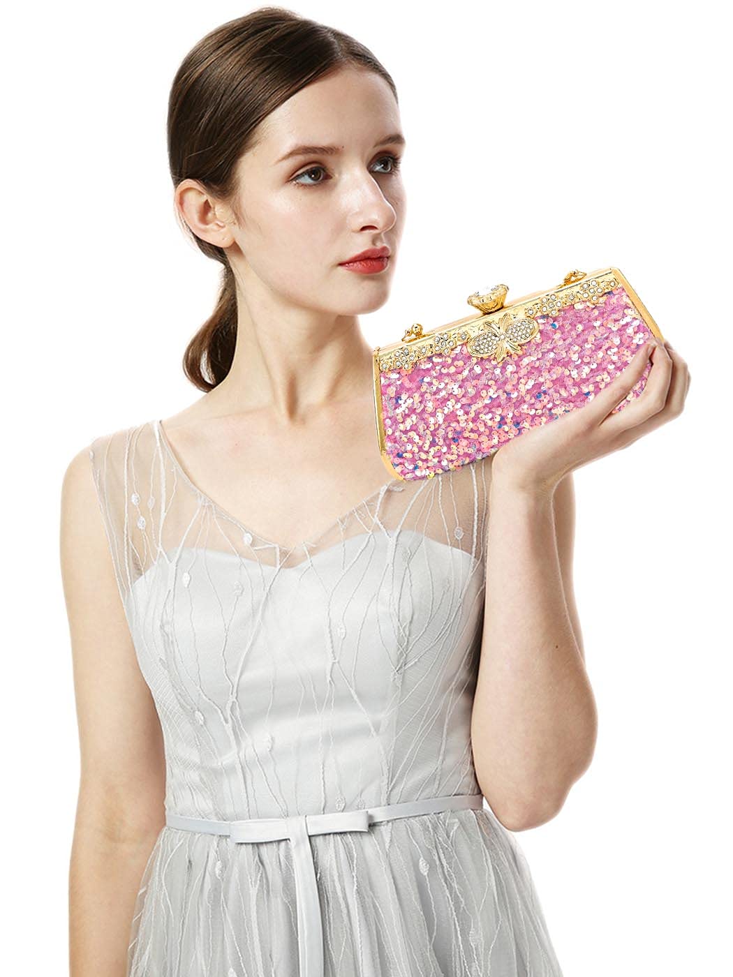 Yokawe Women's Sequin Clutch Purse Glitter Bride Evening Bag Wedding Party Prom Handbag Detachable Chain Shoulder Bags (Pink)