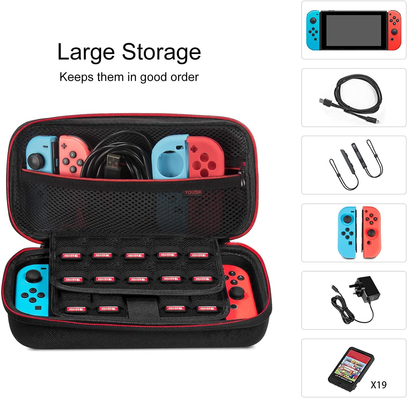 Switch Carrying Case with 2 Pack Screen Protector, Younik Switch Travel Case with Protective Hard Shell for NS Switch Console & Accessories Holds 19 Game Cartridge, Black