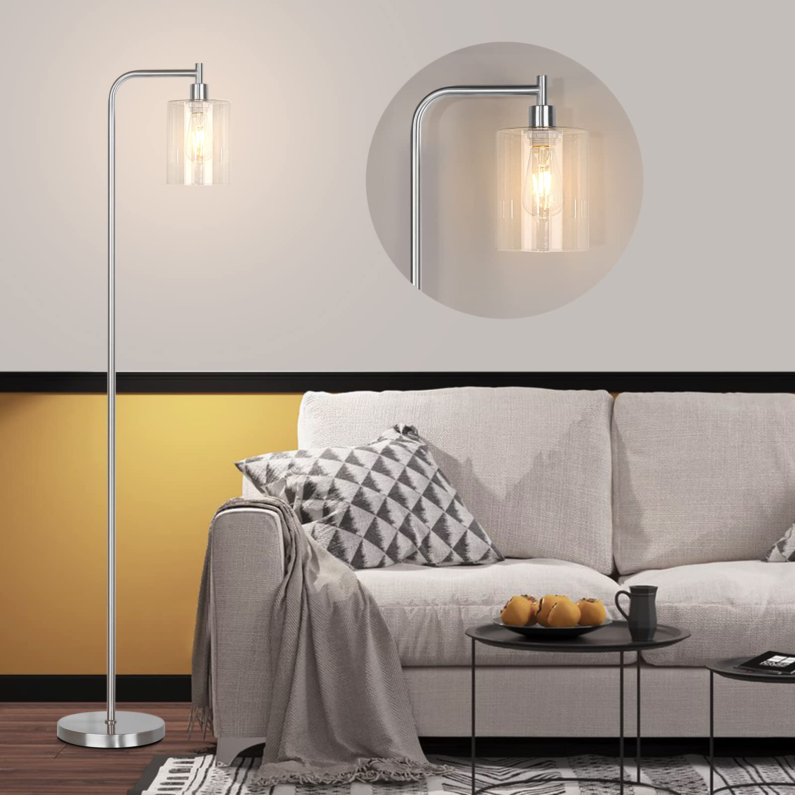 QiMH Industrial Floor Lamp for Living Room, Modern Standing Lamp with HD Glass Lampshade and Pedal Switch, 67” Tall Pole Light for Bedroom Study Room, Brushed Silver (2700K LED Bulb Included)