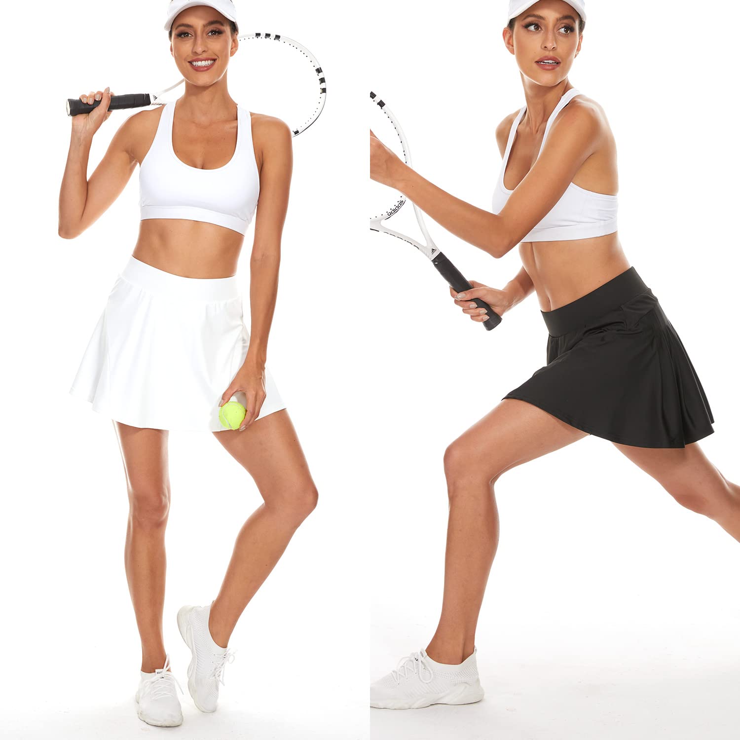 YOLIX Womens Pleated Tennis Skirt, White Golf Skort with Pockets for Running Workout