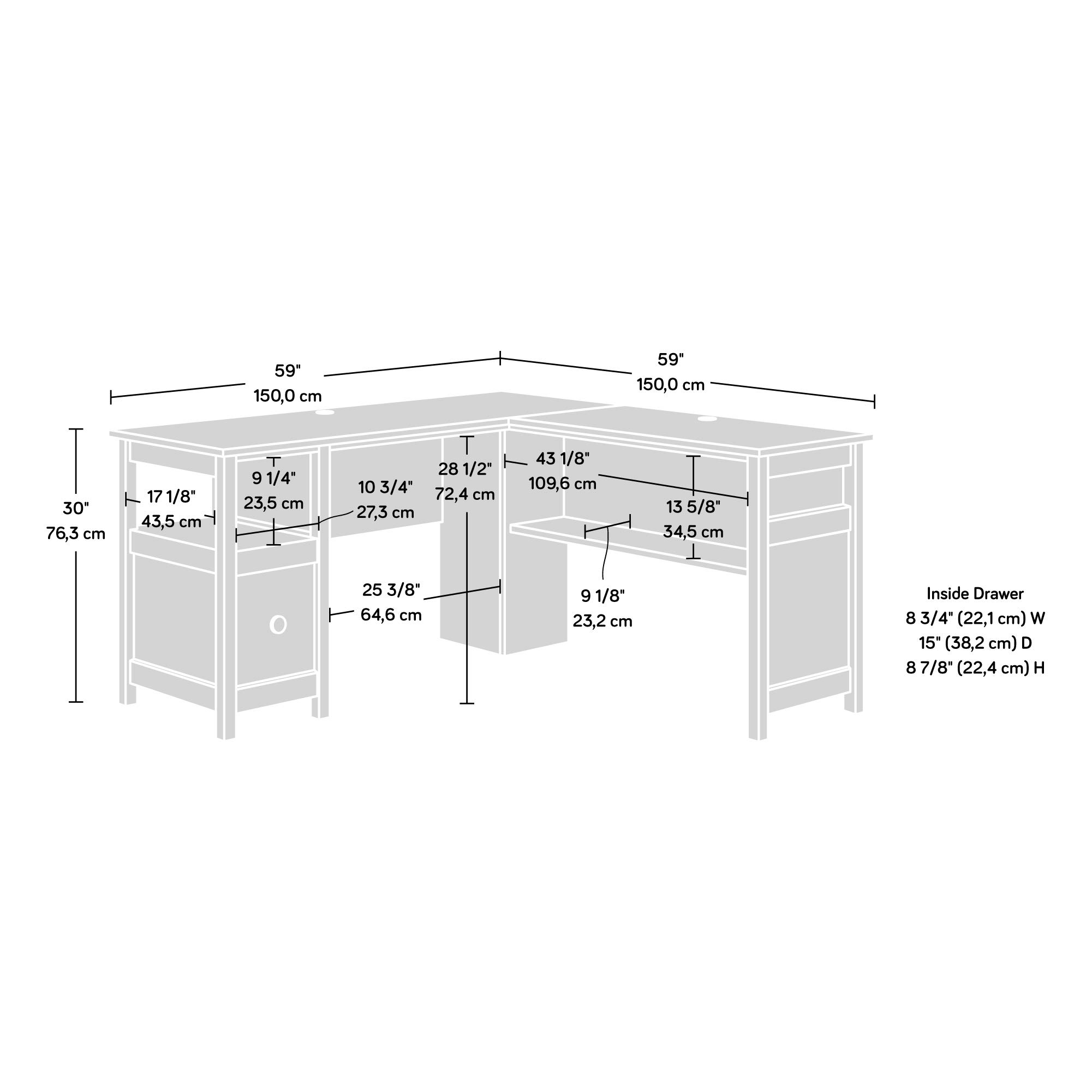 Sauder Linden Market L-Desk, L: 59.055" x W: 59.055" x H: 30.039", Split Oak Finish