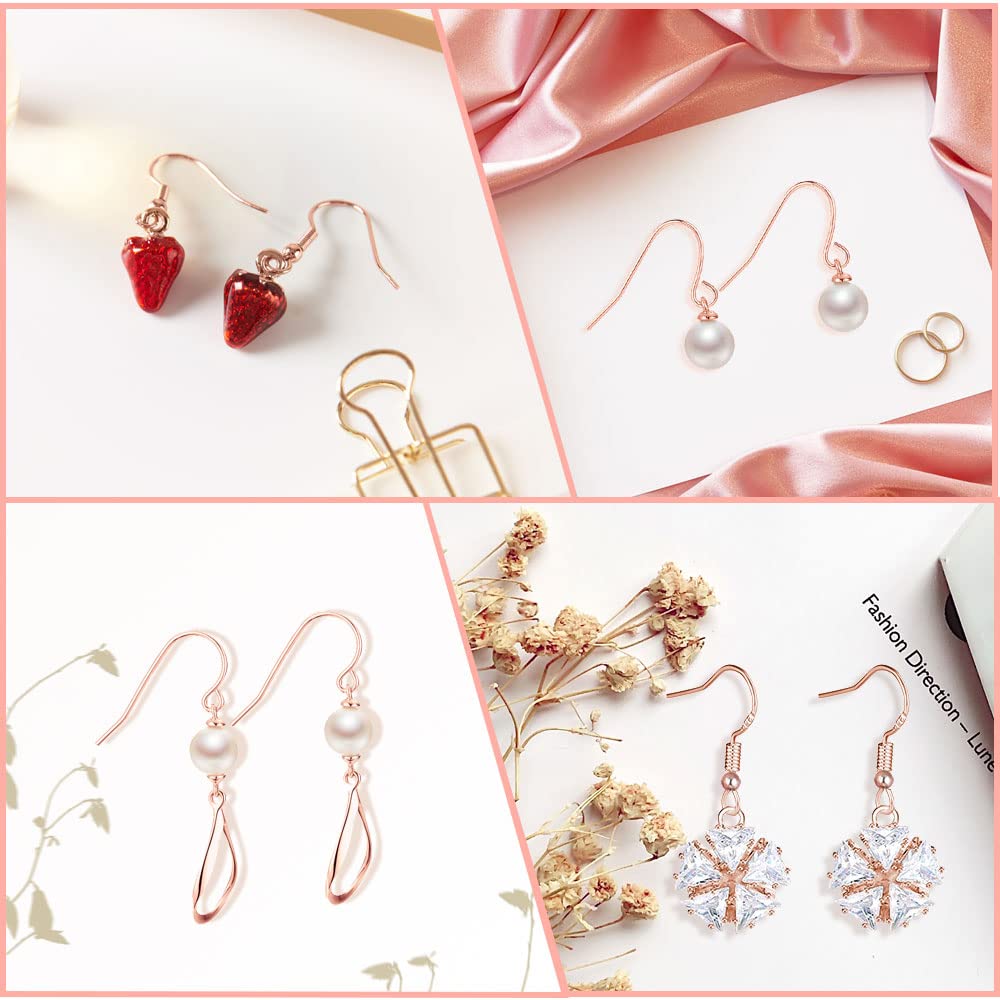 Rose Gold 925 Sterling Silver Earring Hooks Hypoallergenic 100Pcs Ear Wires Fish Hooks for Jewelry Making Supplies Findings with 100Pcs Clear Rubber Earring Backs