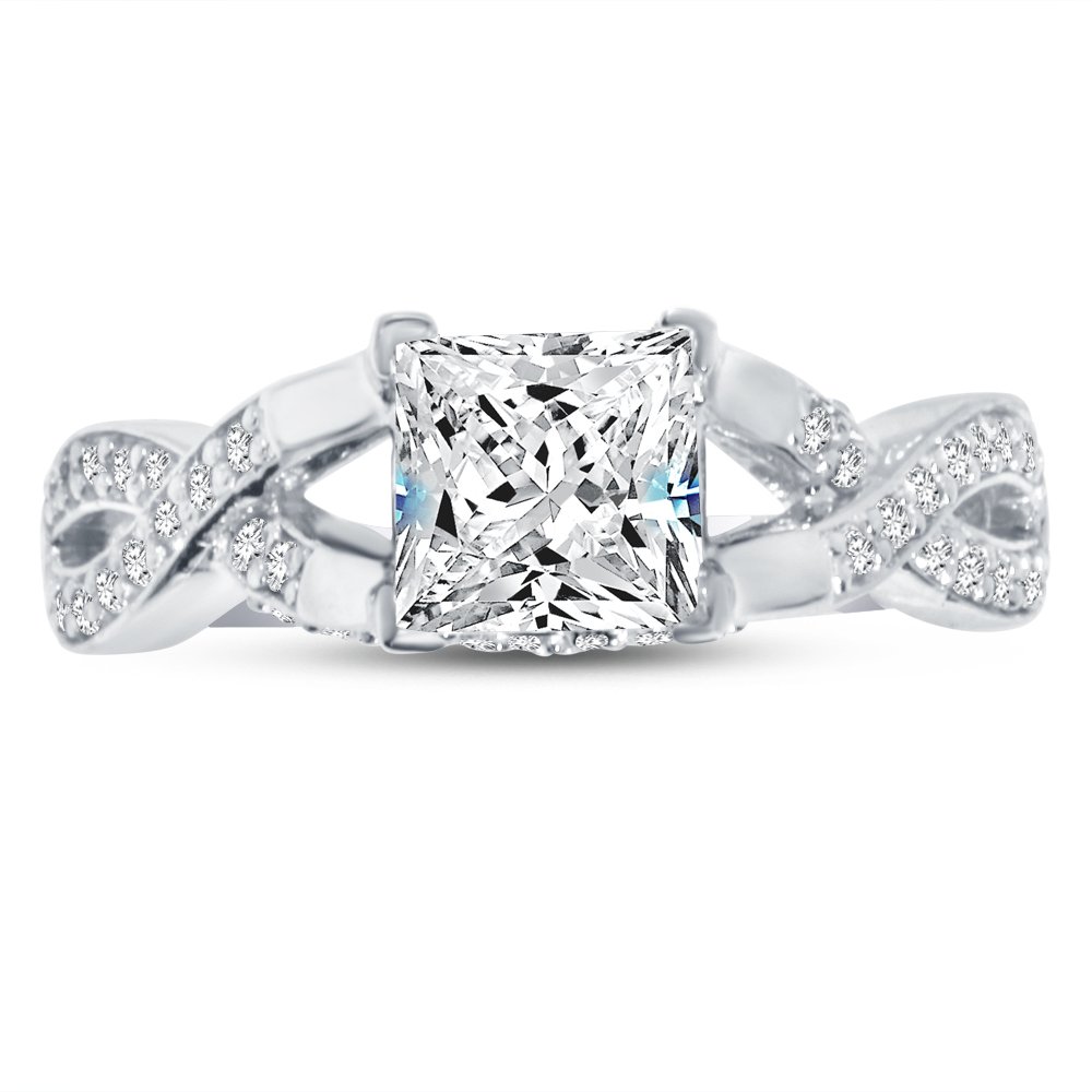 Size - 7 - Solid 14k White Gold Princess Cut Infinity Twist Solitaire Engagement Ring CZ Cubic Zirconia (2.0cttw., 1.0ct. Center)