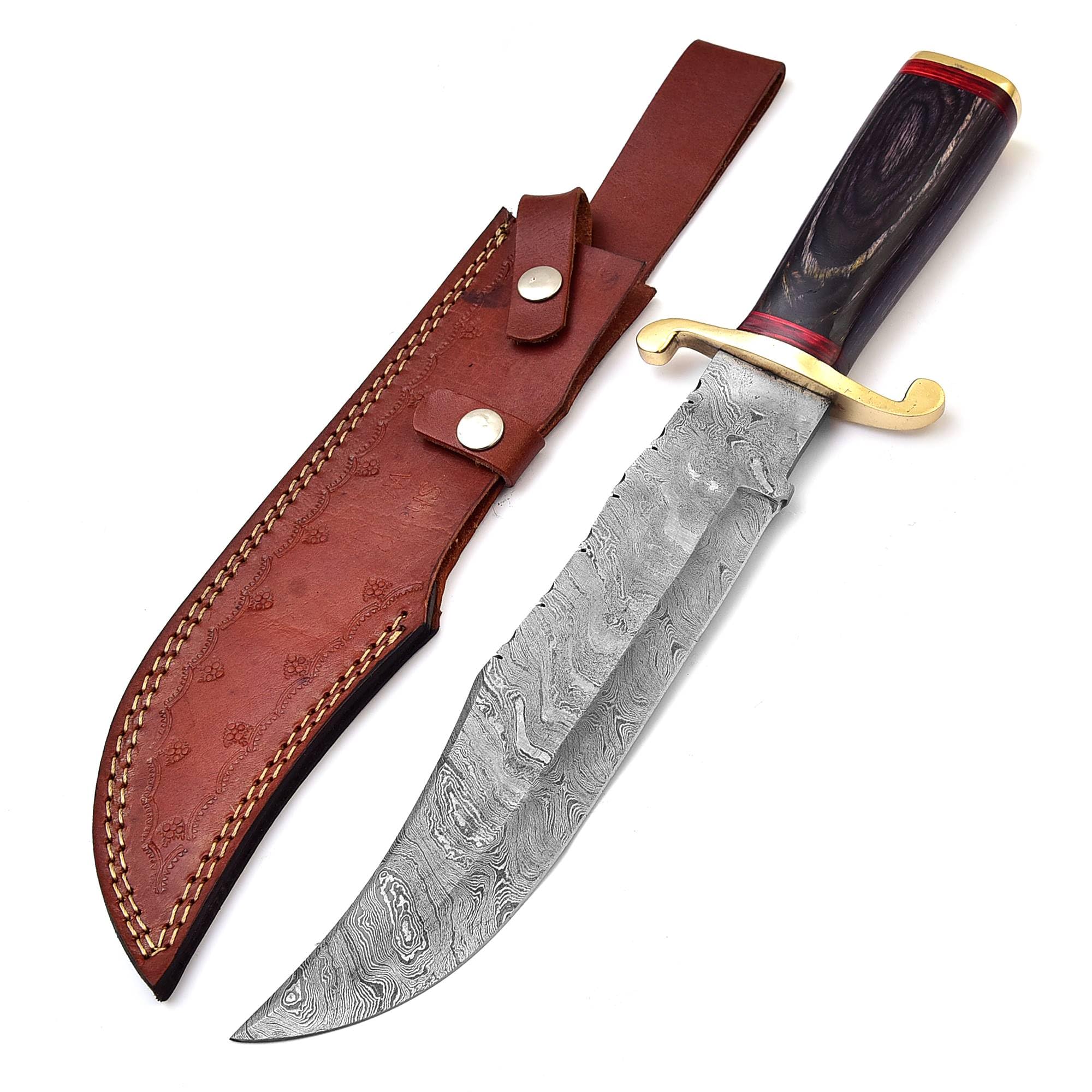 SharpWorld 15 Inches Custom Damascus Knife Black Wood Handle w/Brown Leather Sheath TJ118