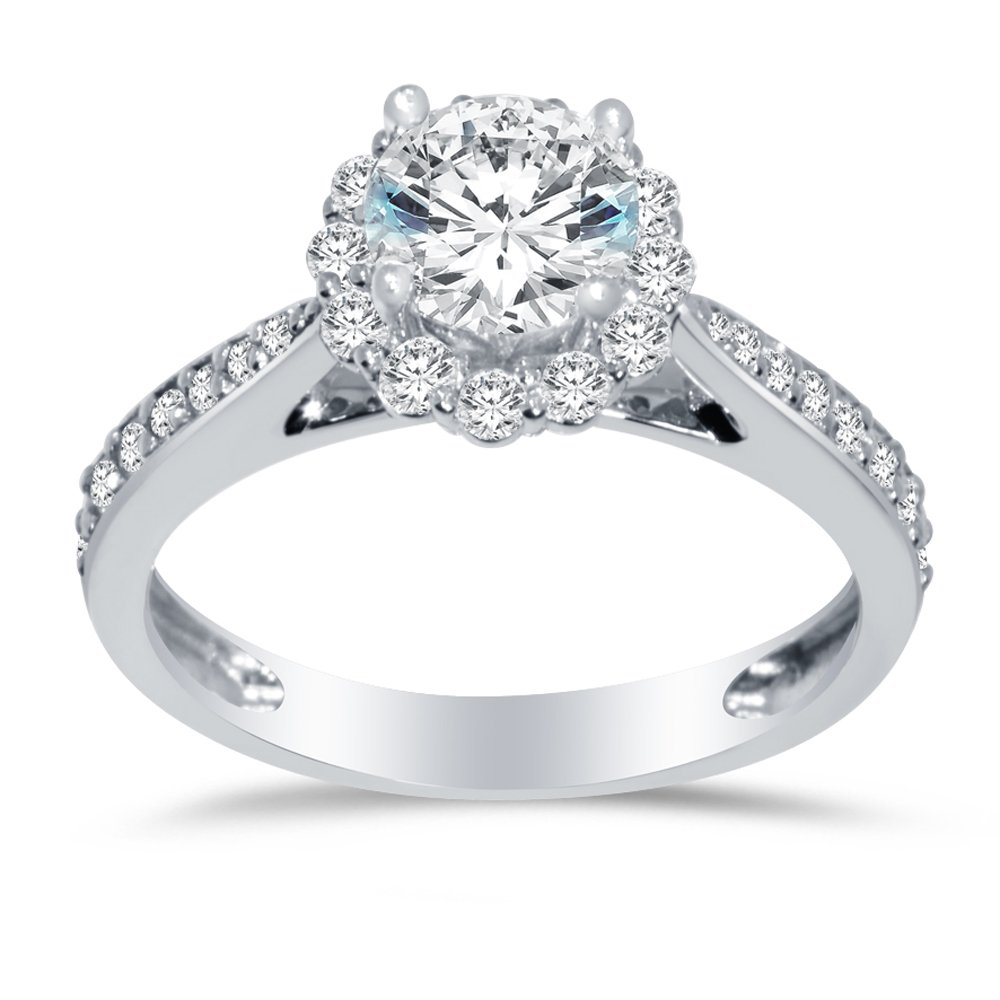 Size - 7-14k White Gold Round Floating Halo Tapered Flower Head Solitaire Engagement Ring CZ Cubic Zirconia (1.50cttw., 1.0ct. Center)