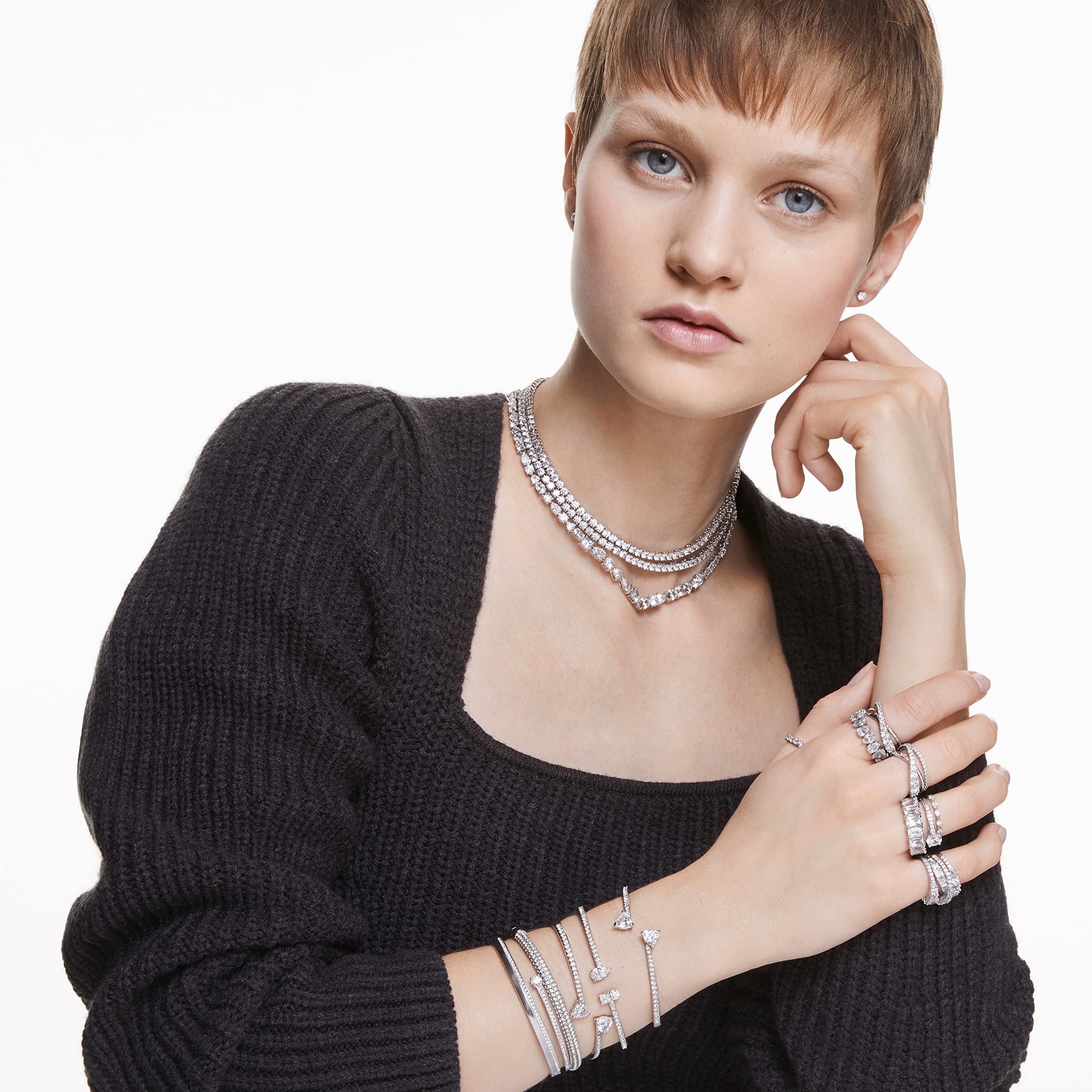 SWAROVSKI Tennis Deluxe All-Around Tennis Necklace with Round, Square and Pear-Shaped Clear Crystals on a Rhodium Plated Setting