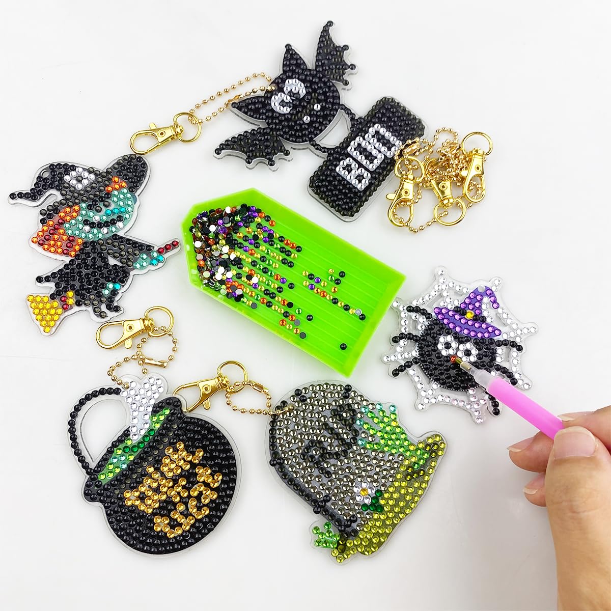 QINGQIU Halloween 5D Diamond Painting Arts and Crafts Kit for Kids to Make Halloween GEM Keychains