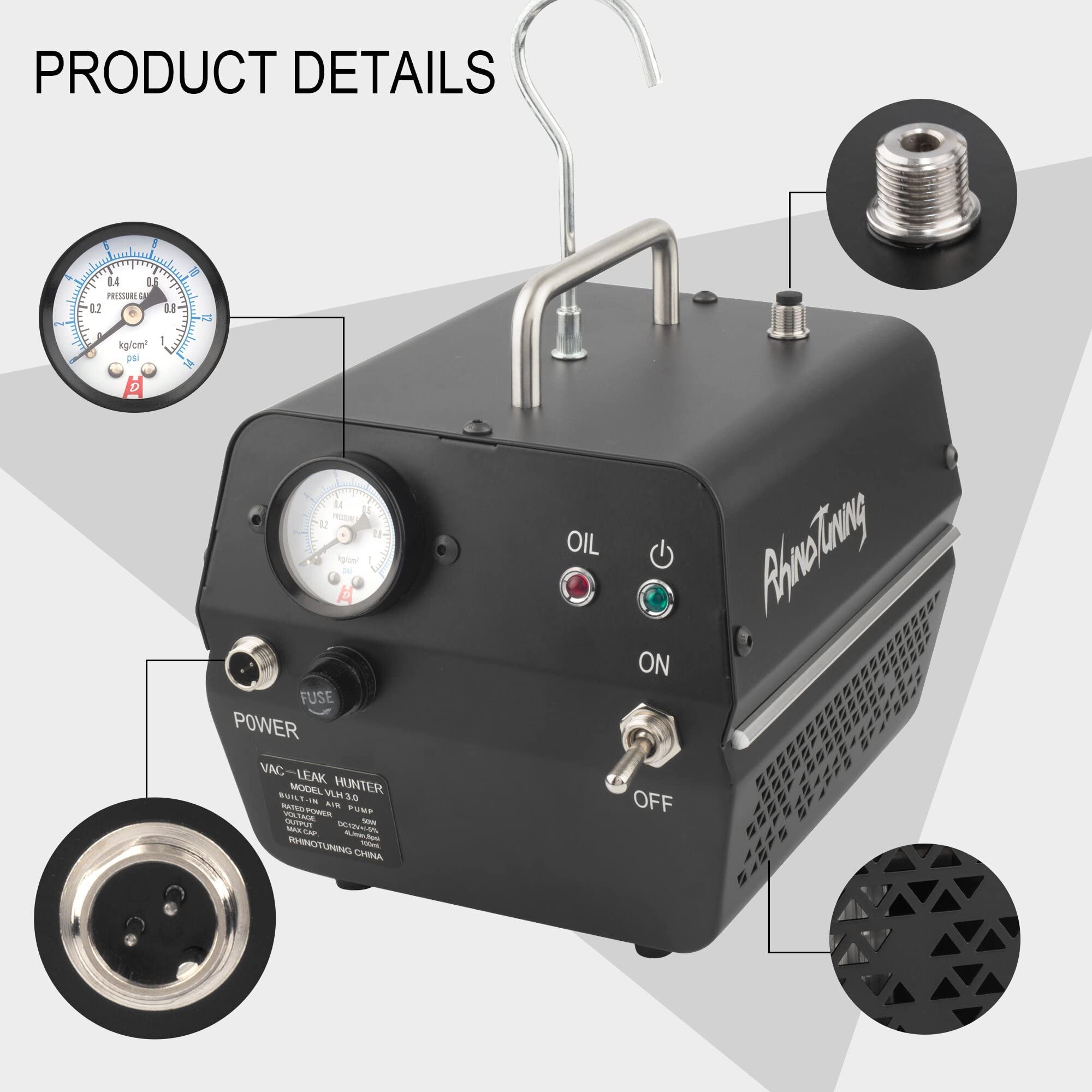 Rhinotuning Automotive Smoke Machine Car Pipe Leakage Diagnostic Tester 12V Built-in-Pump Vac-Leak Hunter for Motorcycle Car Truck