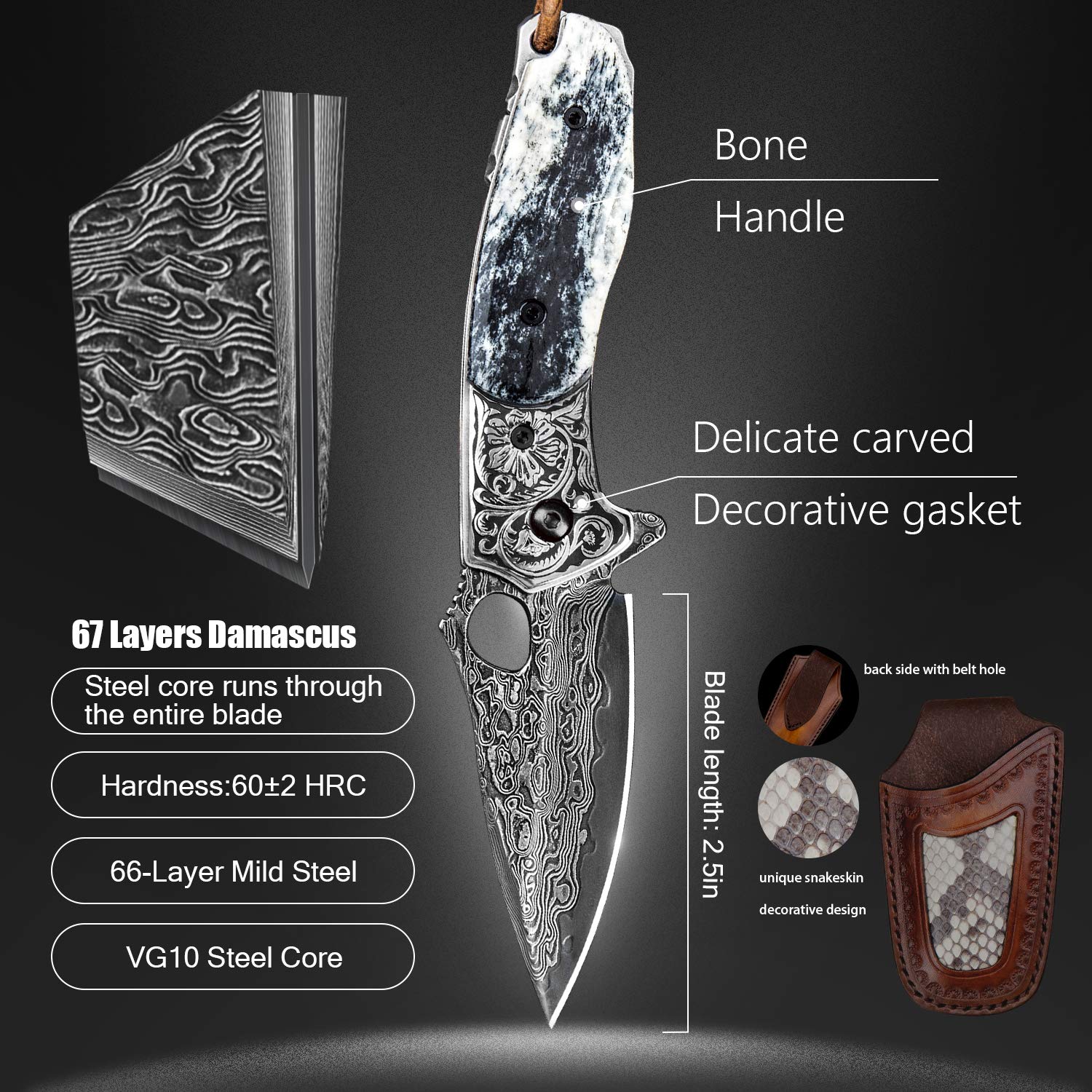 SPIRIT DEED EDC Pocket Knife for Men,2.5in Japanese Handmade VG0 Damascus Steel,Bone Handle,Liner Lock,Leather Sheath,Folding Knives for Camping and Hunting