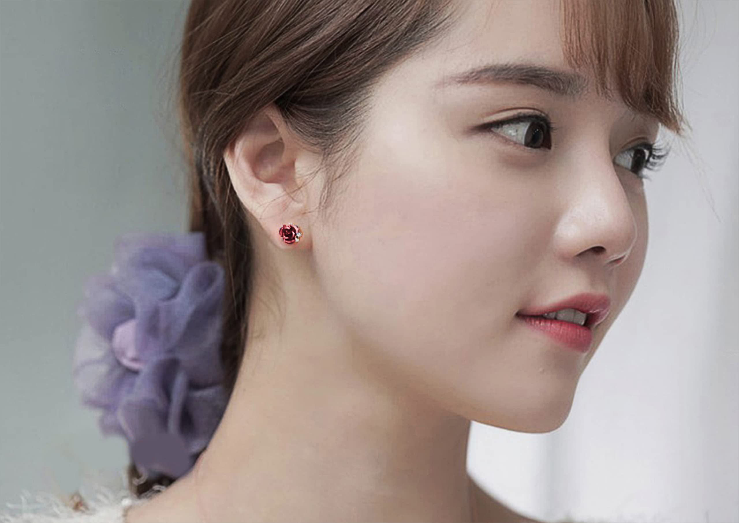Rose Gold Plated Simple Red Rose Stud Earrings Fashion Jewelry for Women
