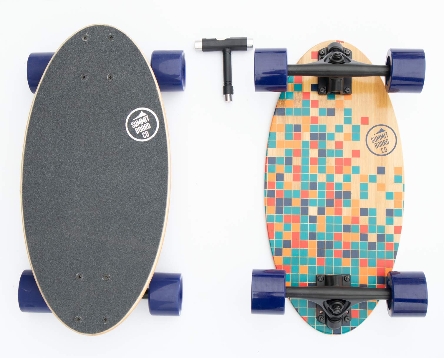 Summit Board Co Short Longboard Skateboard Deck with Precision Bearings and Rugged Wheels for Beginners and Experienced Skaters, Wide Mini Balanced Design (Pixels)