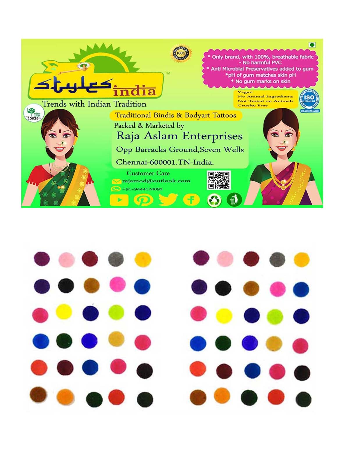 Stylesindia Sticker Kumkum Spot Bindi Tattoos Breathable Fabric, Skin Neutral pH, Does not Irritate Skin, No Gum Marks on Skin, Round Tilak Pack of 2 Flaps (Multi-Colour) (P7-6MM-Regular)