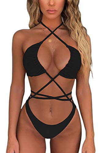 QINSEN Sexy Bikini Swimsuit for Women Strap Criss Cross Two Piece Bathing Suit Cheeky Bottom Black S