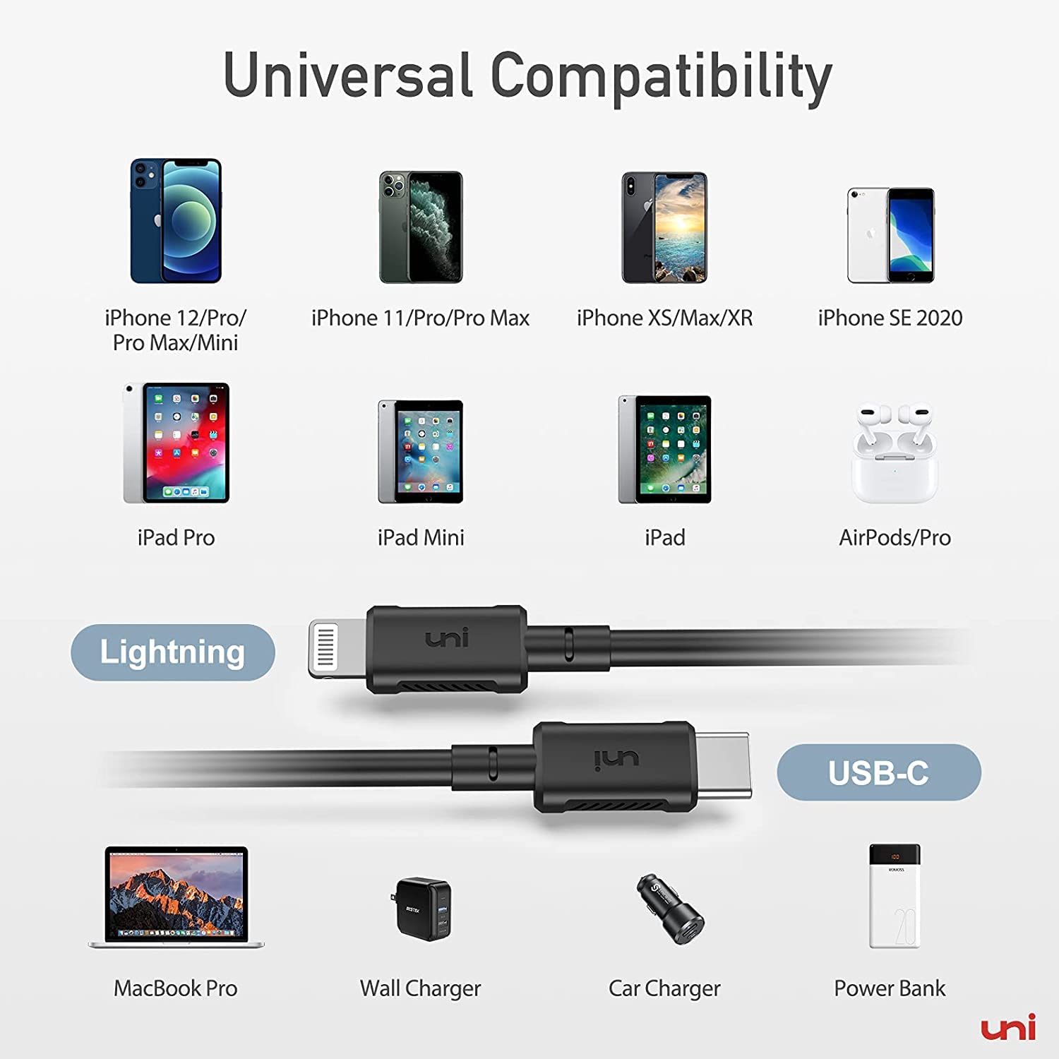USB C to Lightning Cable 6ft [MFi Certified], uni Durable iPhone Fast Charging Cable, Charger Cable Power Delivery for iPhone 13 Pro Max/13 Pro/12/12 mini/11/X/XS/XR/8 Plus, iPad Pro, AirPods Pro