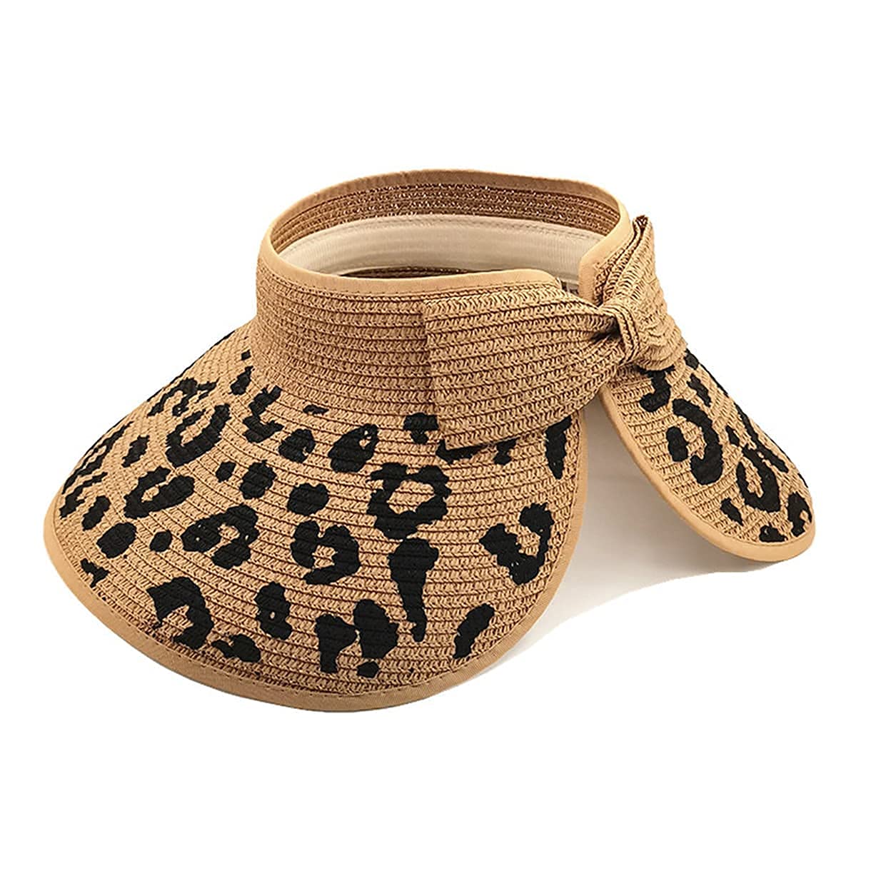 Women Sun Visors Wide Brim Foldable Packable Ponytail Beach Hat Straw Leopard Roll Up Bow Visor Sun Hats(Leopard)