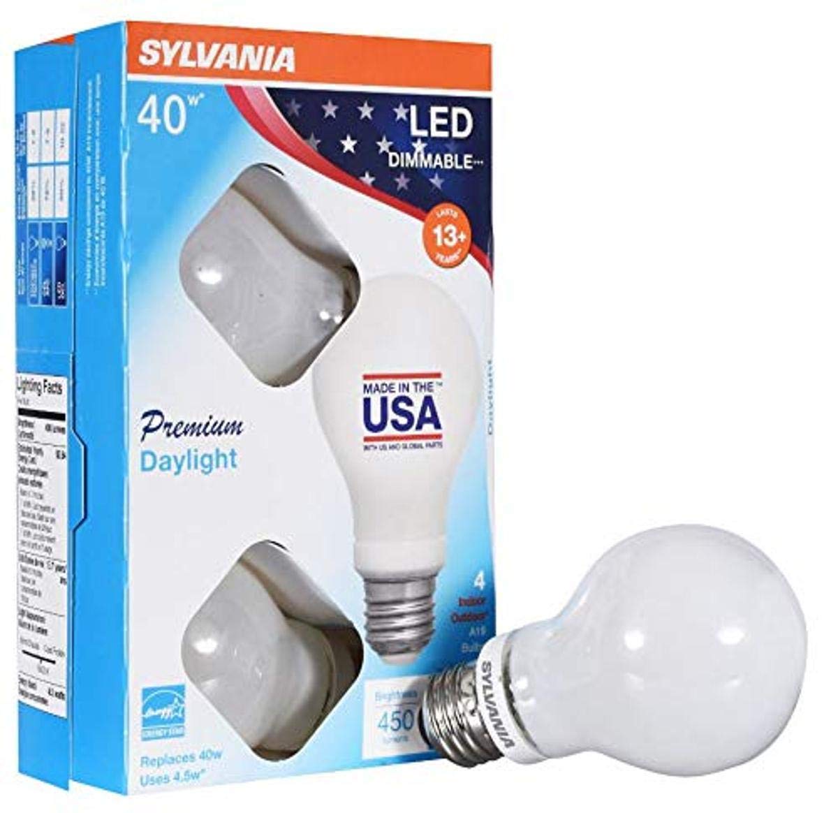 Sylvania 5000K, 40237 40 Watt Equivalent, A19 LED Light Bulbs, Dimmable, Energy Star Rated, Daylight Color, Made in The USA with US and Global Parts, 4 Pack, 4-Pack, 4 Count