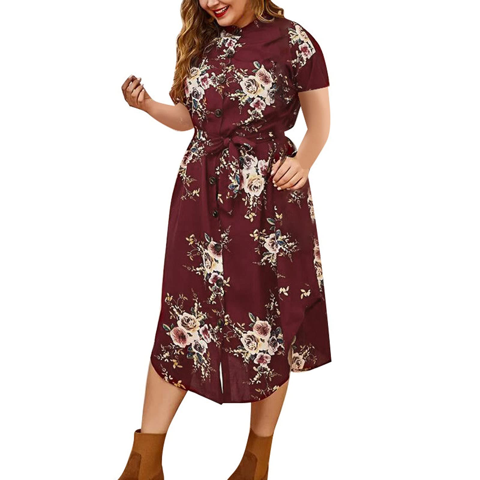 Women's Bohemian Floral Printed Sundress Wrap V Neck Short Sleeve Flowy Boho Long Beach Party Maxi Dress Red