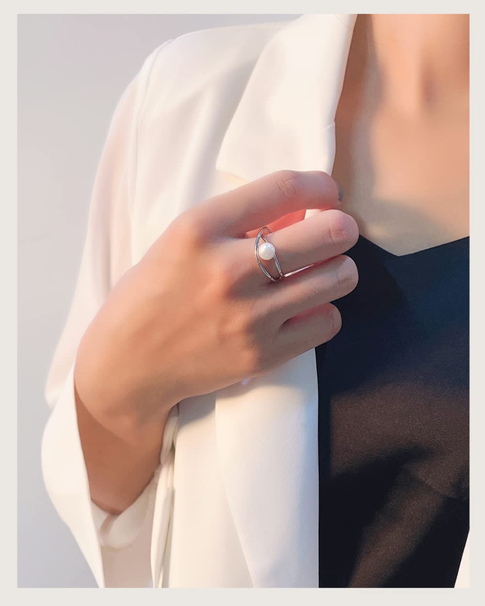 XSTian S925 Sterling Silver Pearl Ring for women 6.5mm White Freshwater Cultured Pearl Adjustable