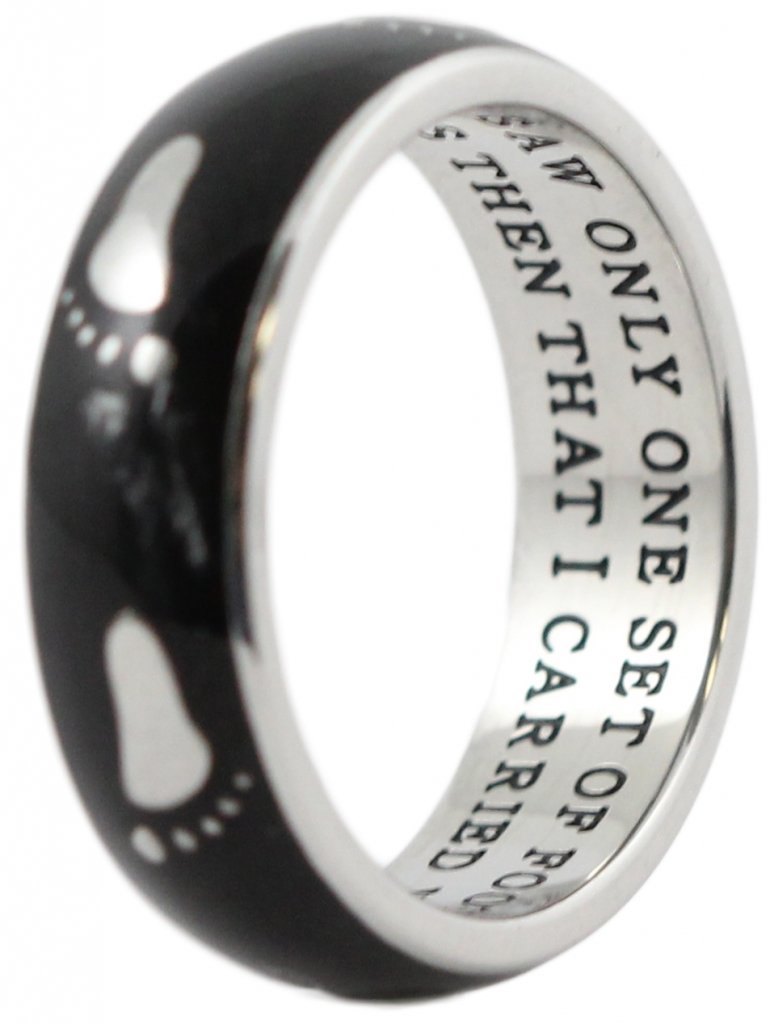 Rush Industries Footprints in The Sand Ring Black Enamel Wedding Band 12 Step Gift