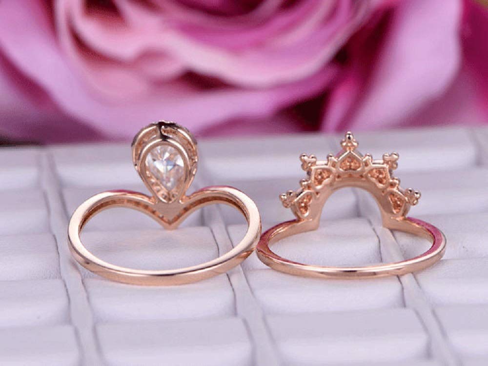 WYS Teardrop Cubic Zirconia CZ Queen Crown Ring Set Women's Rose Gold Plated Curve V Shape Wedding Bridal Band Set (US Code 6)