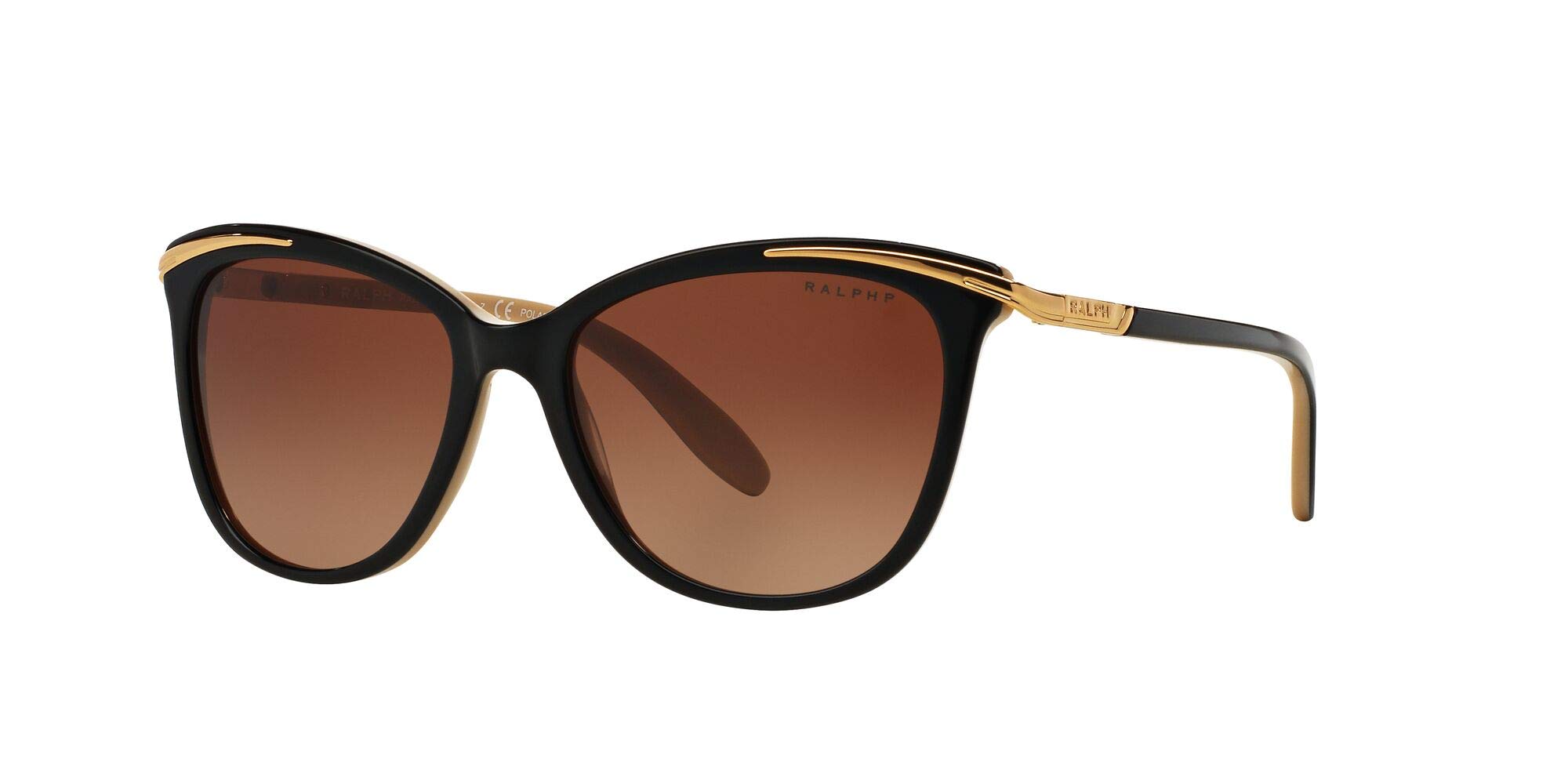 Ralph by Ralph Lauren Women's RA5203 Cat Eye Sunglasses, Shiny Black On Nude & Gold/Polarized Gradient Brown, 54 mm