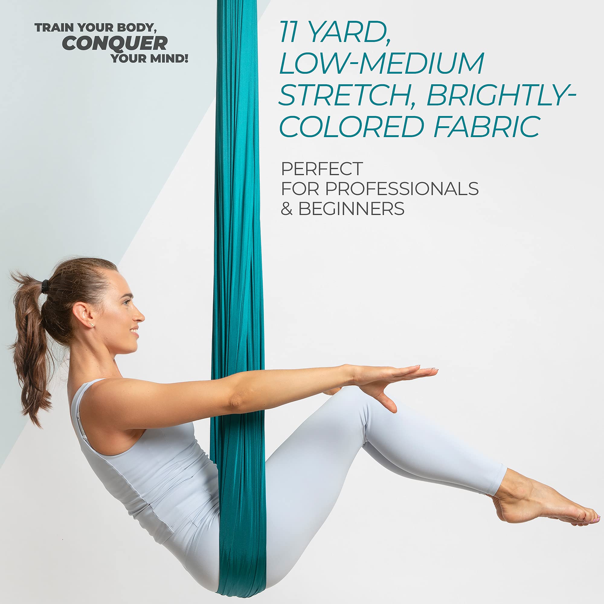 Victorem Aerial Silks - 11 Yards, Premium Nylon, Low-Stretch, Yoga Hammock, All Hardware Included, Dark Turquoise, Classic Style