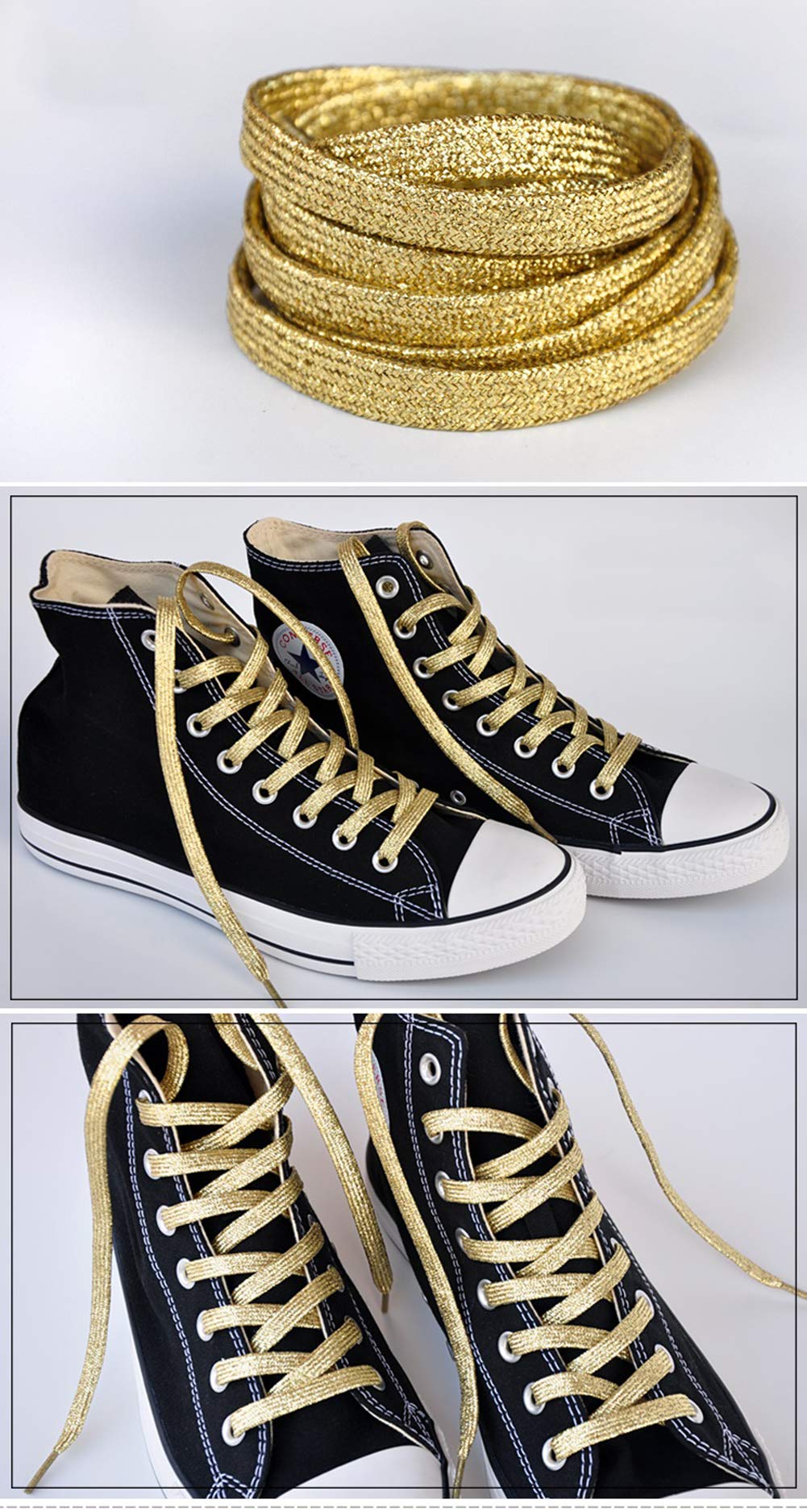 Santimon Metallic Glitter Flat shoelaces Colorful Fashion 2 pairs for Canvas Sneaker Athletic Shoes Light Gold 51"